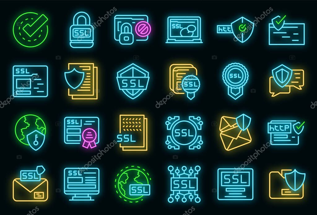 Conjunto de iconos de certificado SSL. Conjunto de contornos de los iconos de vectores de ...