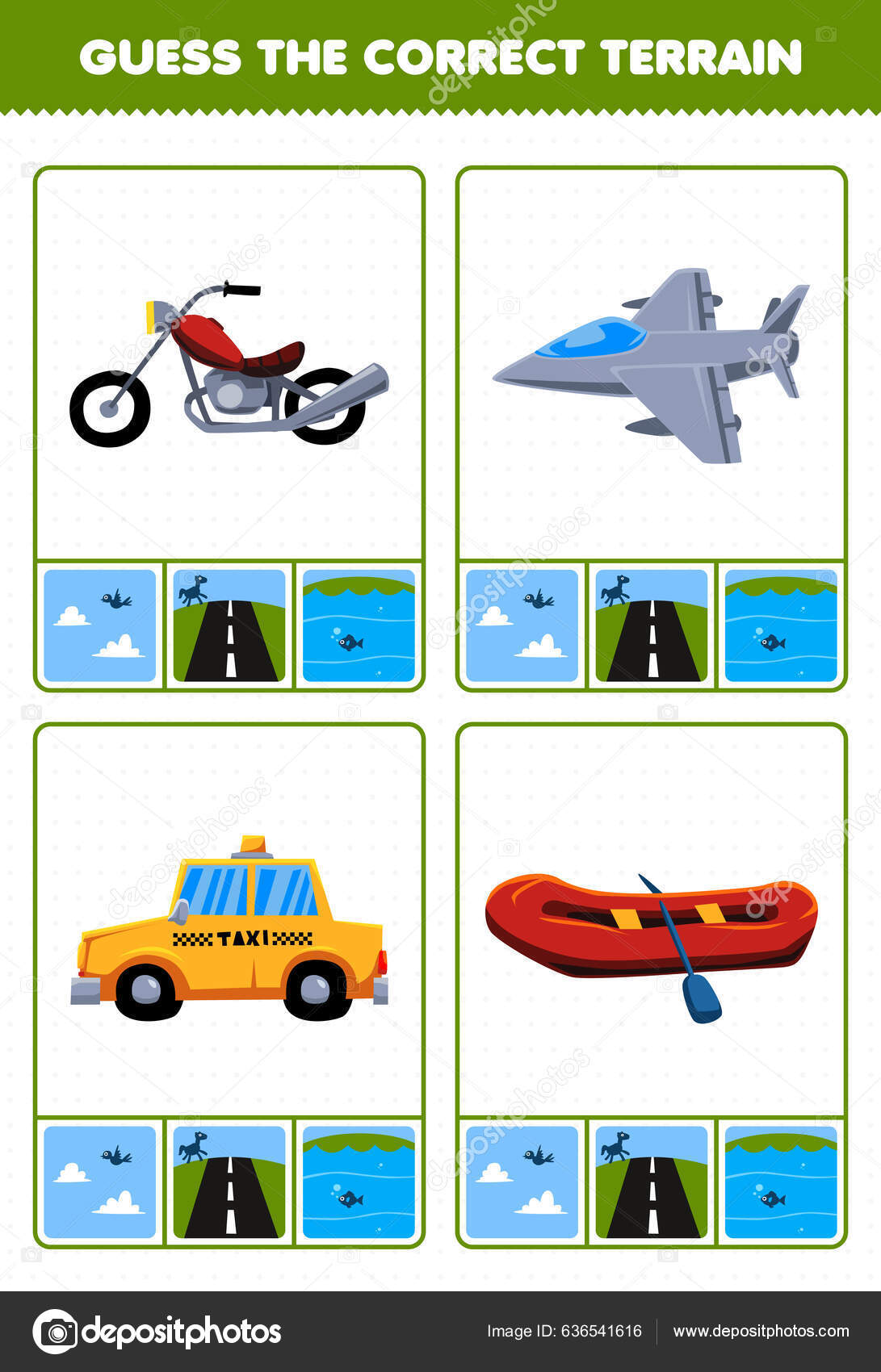 Education Game Children Guess Correct Terrain Air Land Water Cartoon ...
