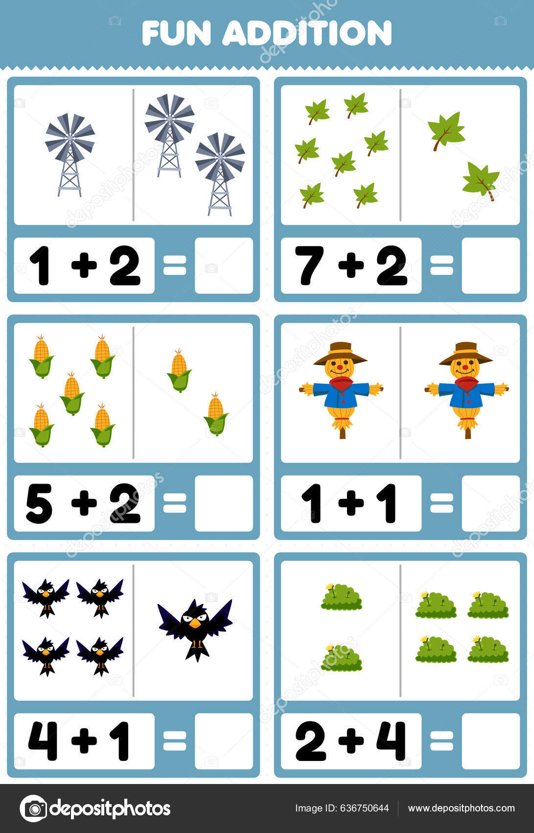 Education Game Children Fun Addition Counting Sum Cute Cartoon Windmill ...