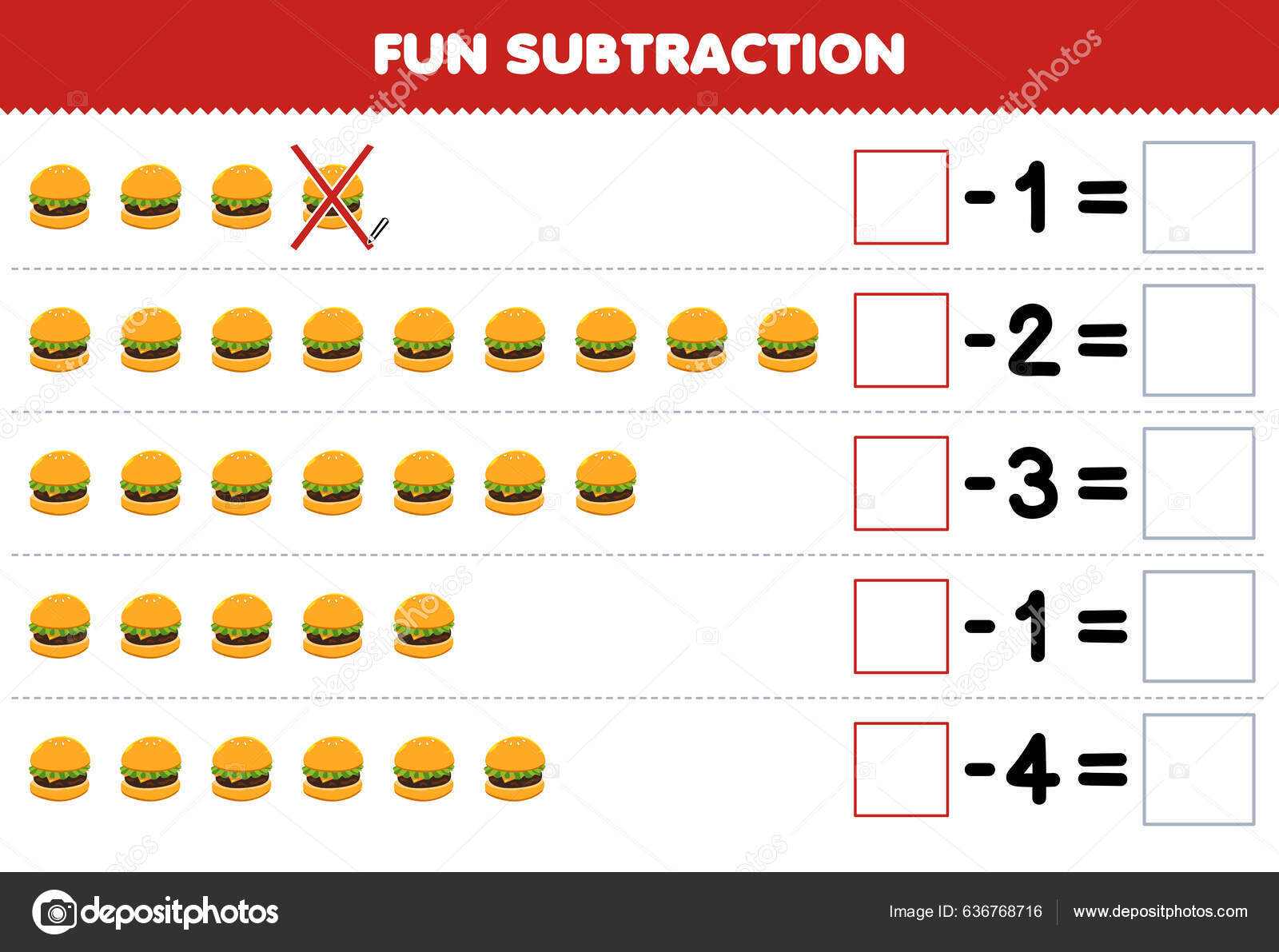 Education Game Children Fun Subtraction Counting Cartoon Burger Each ...