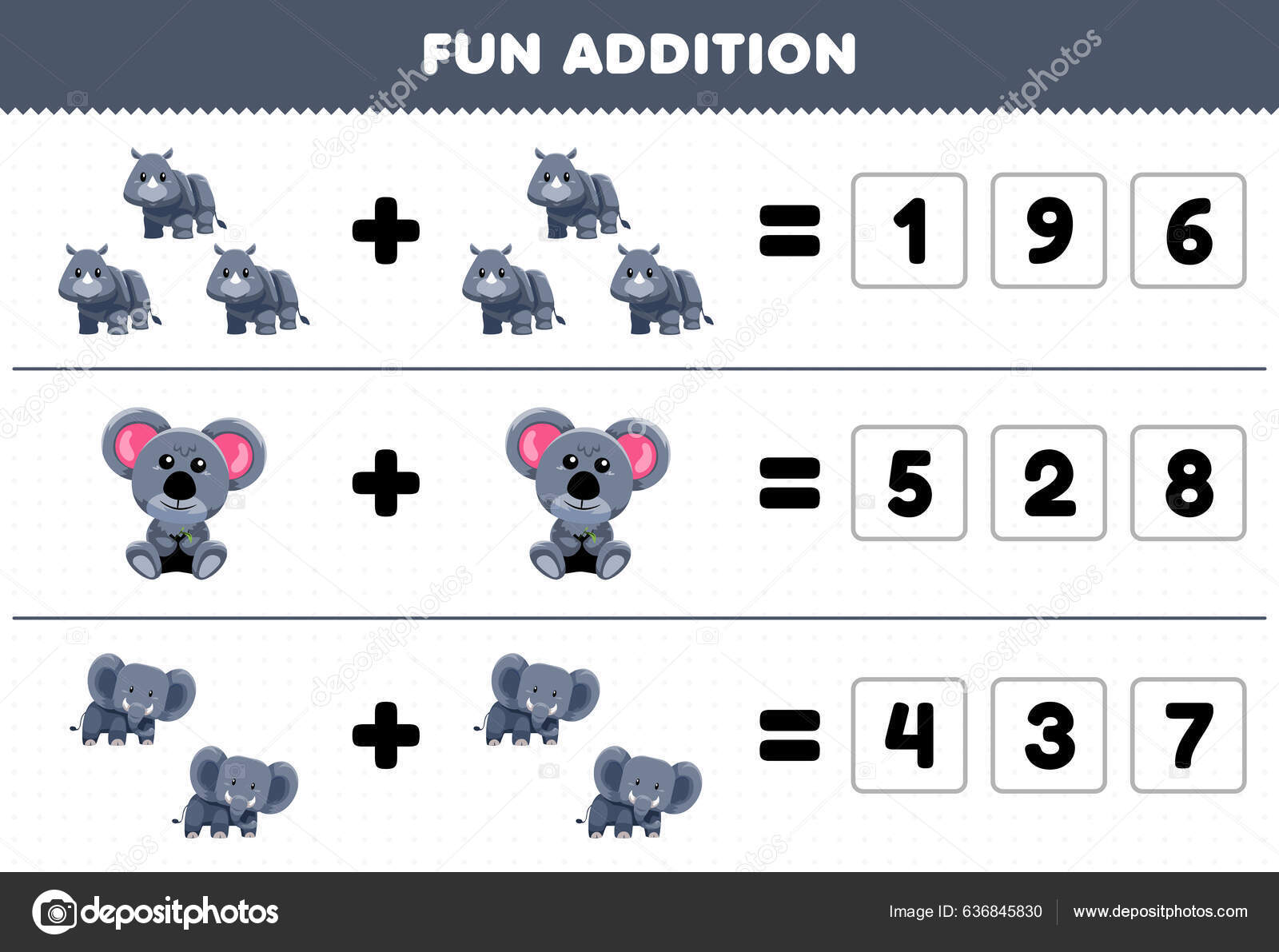 Education Game Children Fun Addition Guess Correct Number Cute Cartoon ...