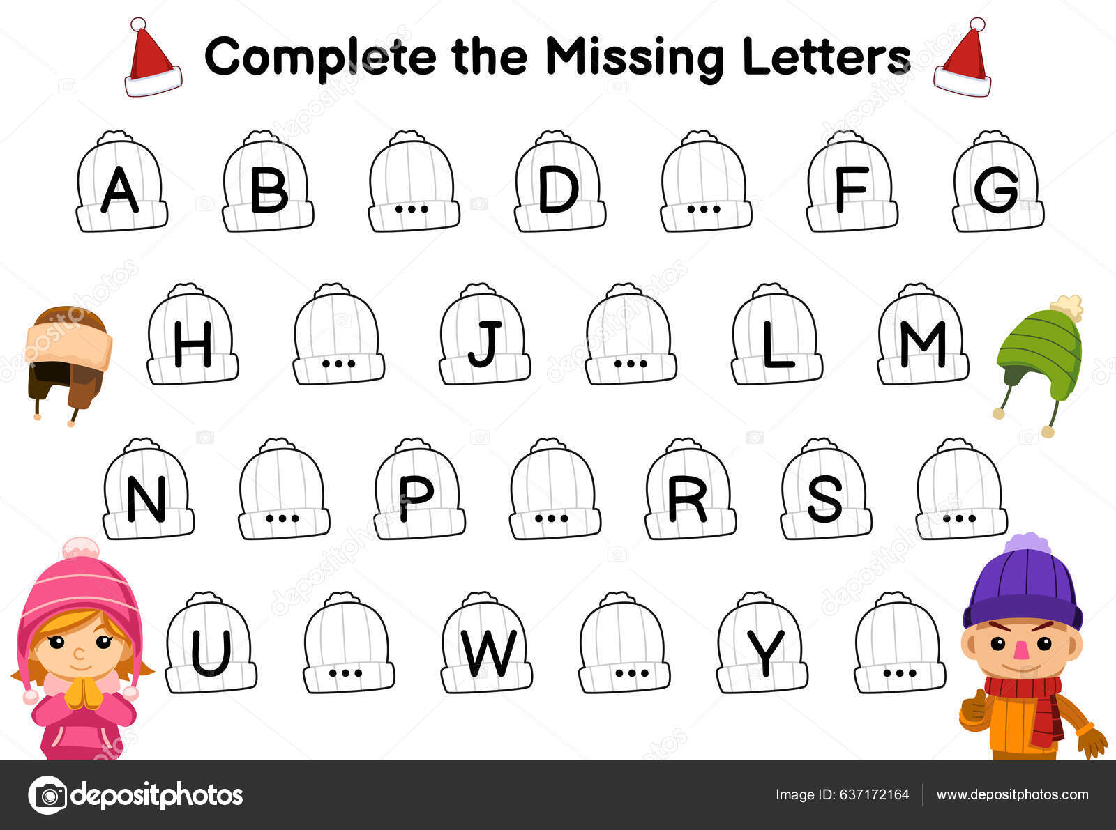 Education Game Complete Missing Letters Cute Cartoon Boy Girl Wearing ...