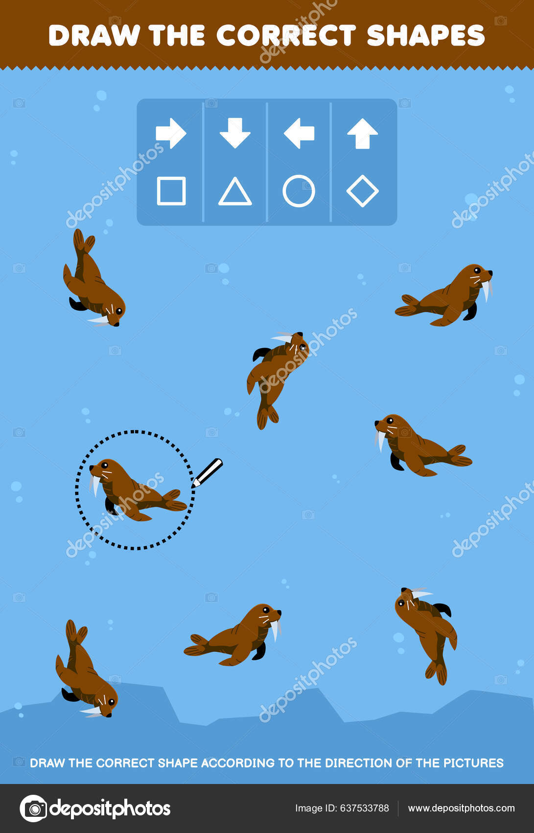 Education Game Children Draw Correct Shape According Direction Cute ...