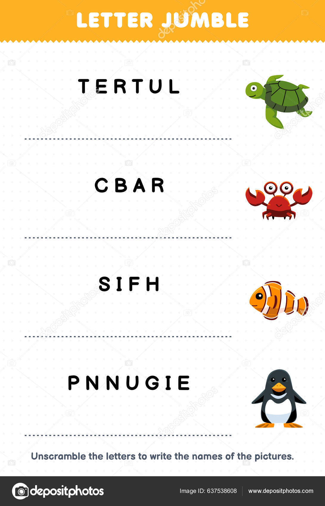 Education Game Children Letter Jumble Write Correct Name Cute Cartoon ...