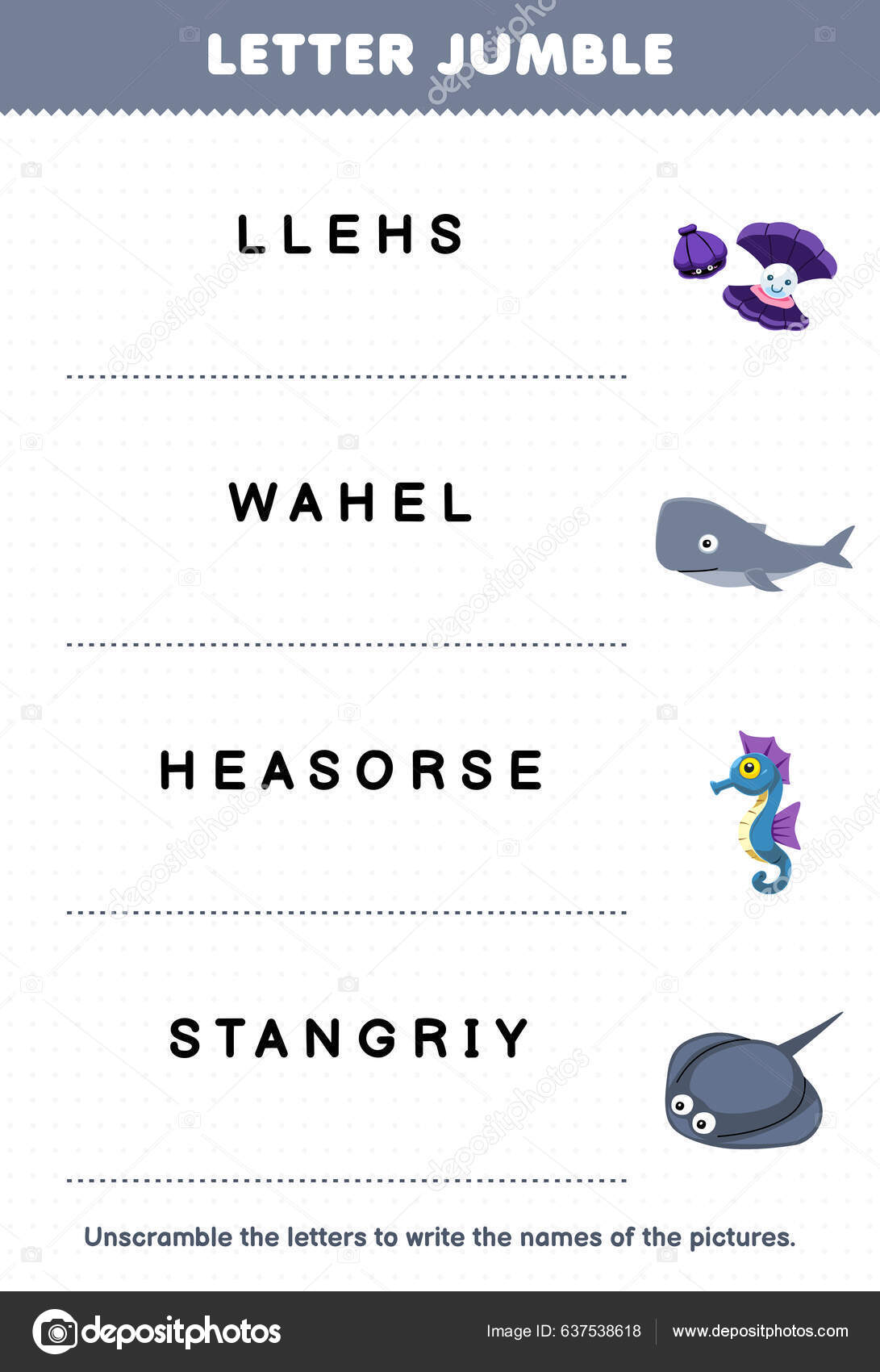 Education Game Children Letter Jumble Write Correct Name Cute Cartoon ...