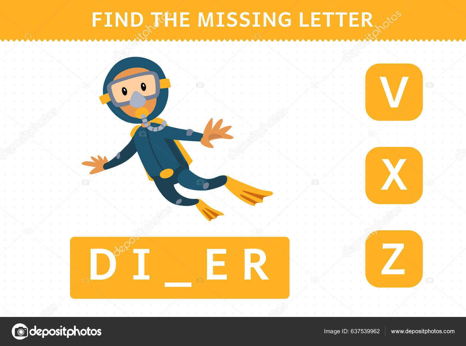 Education Game Children Find Missing Letter Cute Cartoon Diver ...