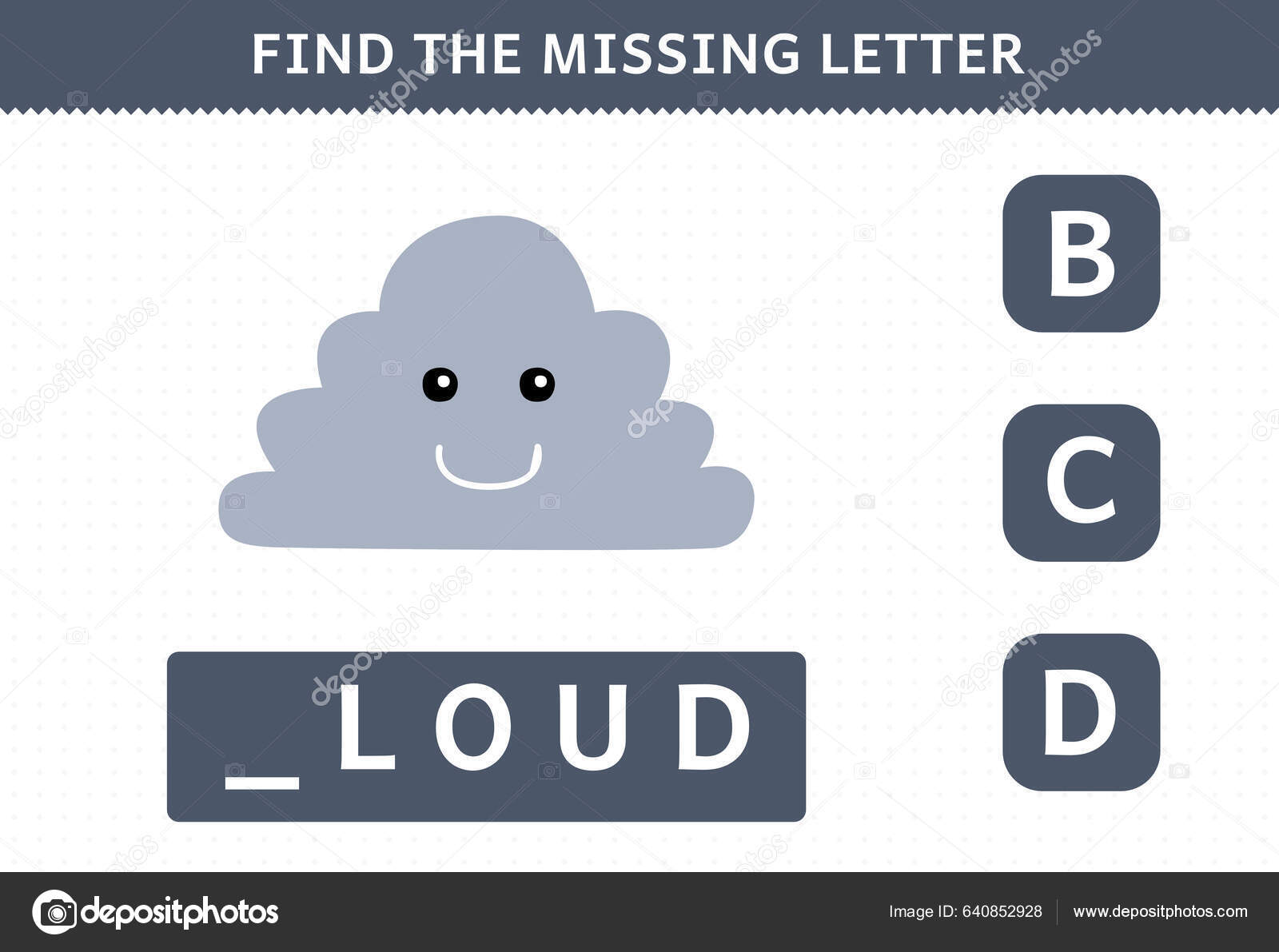 Education Game Children Find Missing Letter Cute Cartoon Cloud ...