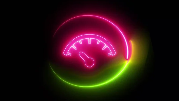 Glowing neon line with speedometer speed time clock icon in blue neon ...