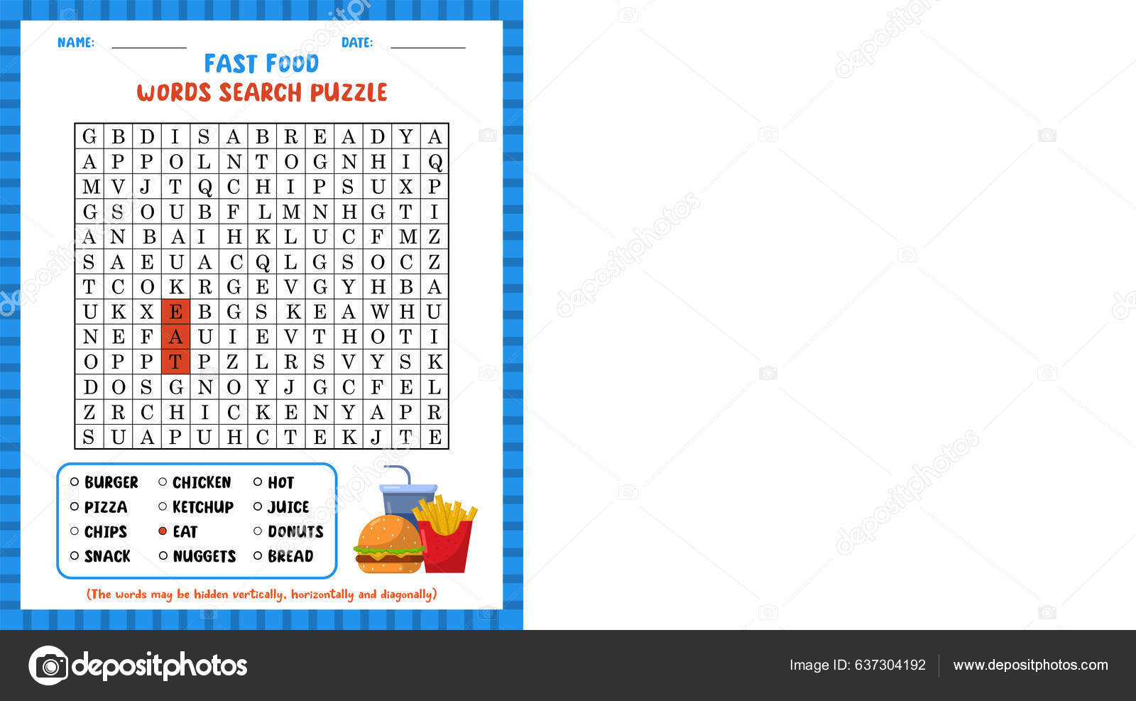 Word Search Game Fast Food Word Search Puzzle Worksheet Learning Stock ...