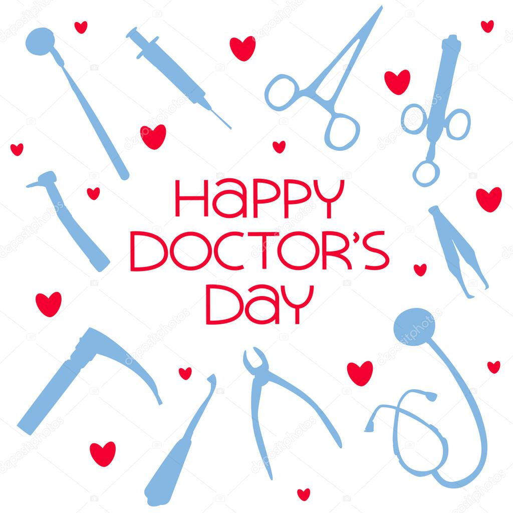 Tarjeta para el Día del Doctor. Siluetas azules de instrumentos médicos ...