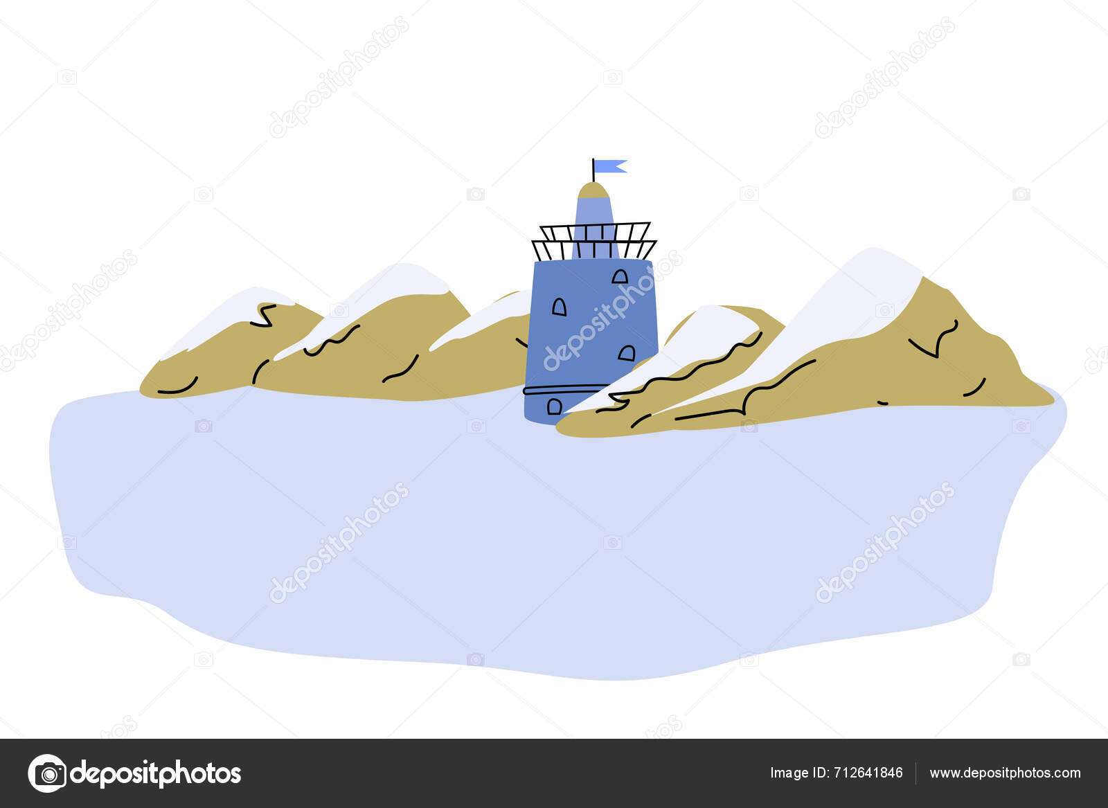 Cute Blue Lighthouse Sea Beach Mountain Rocks Seascape Cartoon ...