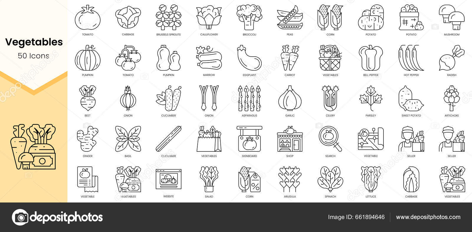Simple Outline Set Vegetables Icons Linear Style Icons Pack Vector ...