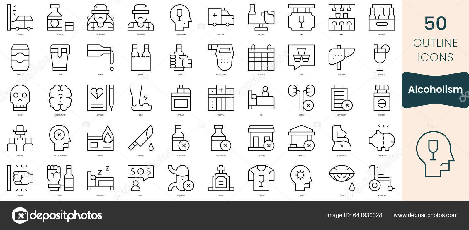 Set Alcoholism Icons Thin Linear Style Icons Pack Vector Illustration ...