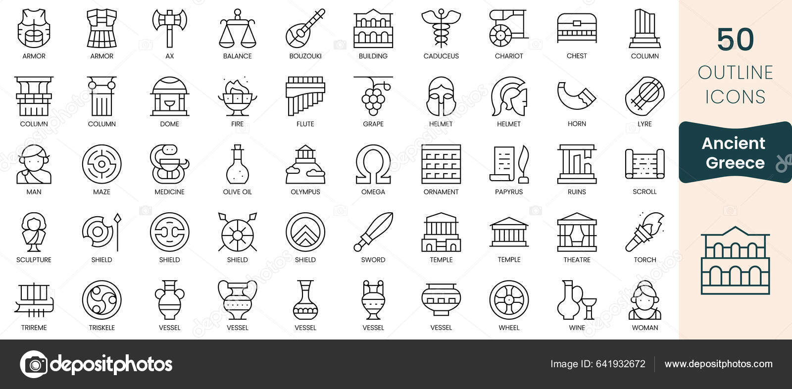 Set Ancient Greece Icons Thin Linear Style Icons Pack Vector Stock ...