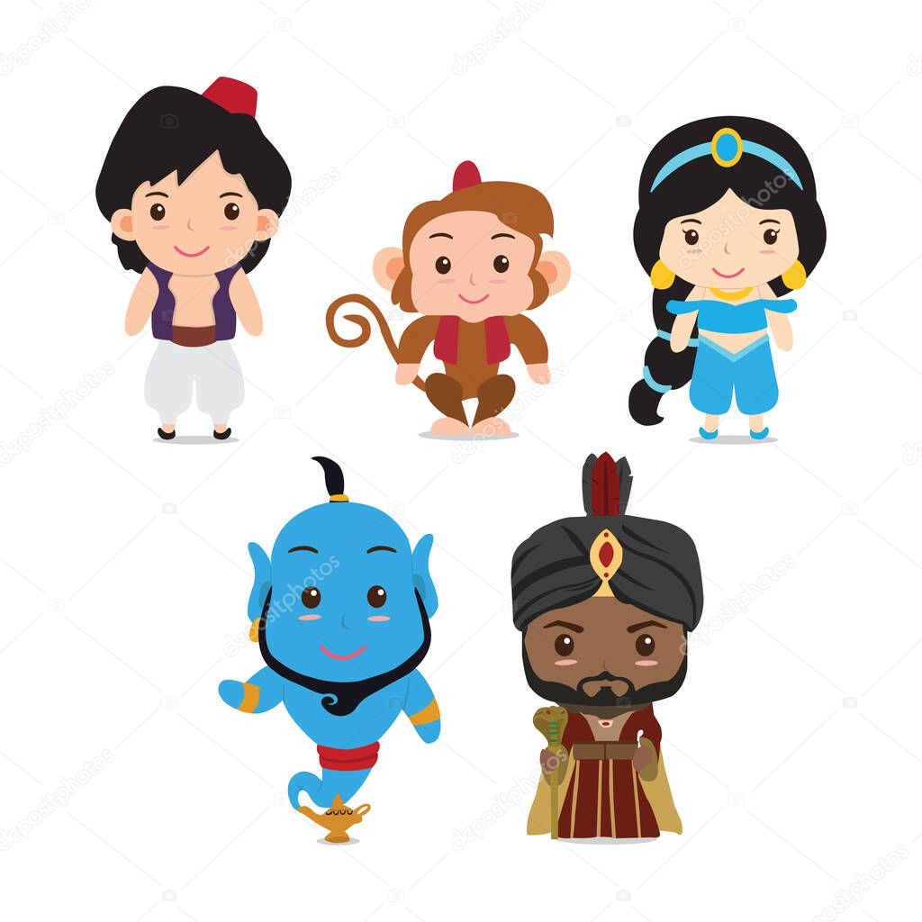 Conjunto de ilustración de vectores de dibujos animados chibi Aladdin 2023