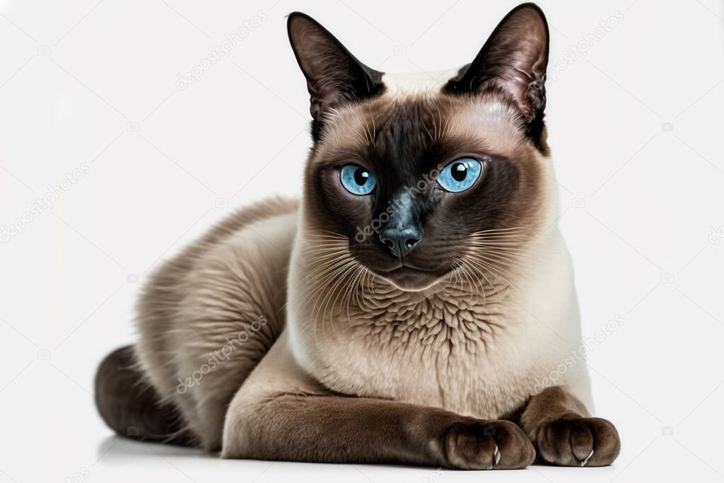 Esta es una foto llamativa de un gato siamés sobre un fondo blanco. La imagen es de alta calidad ...