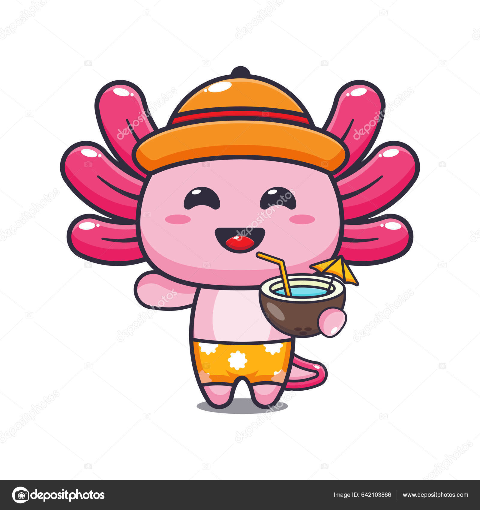 Lindo Axolotl Bebida Coco Ilustración Dibujos Animados Vector de stock ...