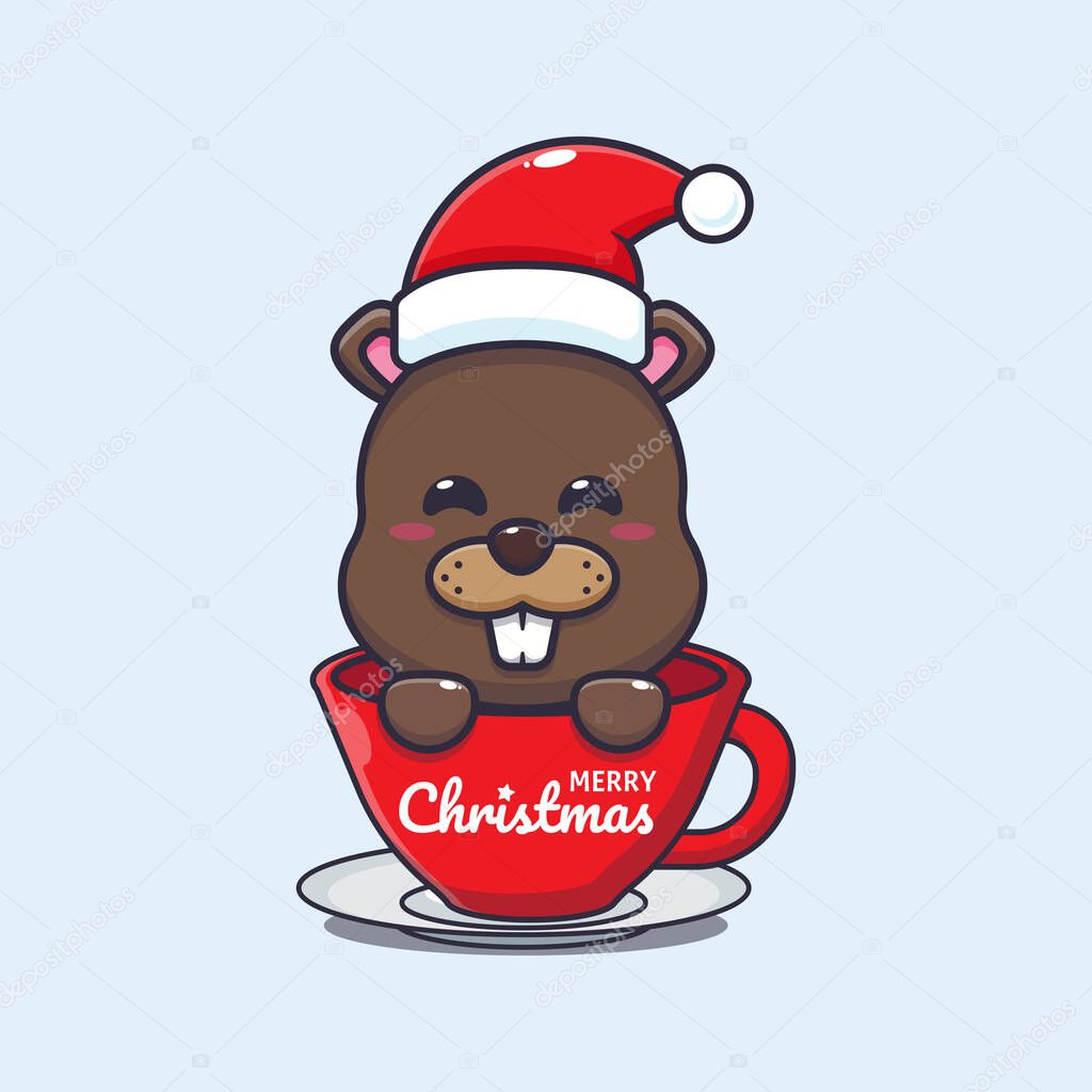 Cute beaver wearing santa hat in cup. Cute christmas cartoon vector ...