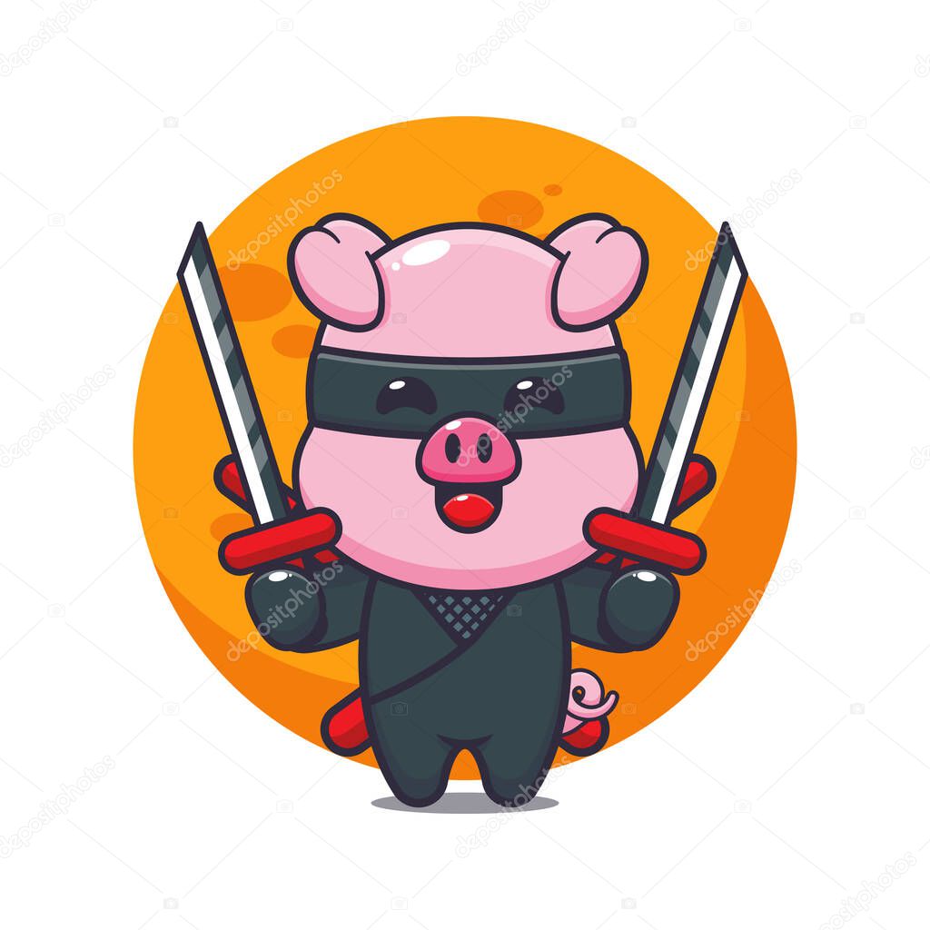 Lindo Ninja Cerdo Ilustración Vector Dibujos Animados Vector de Stock ...