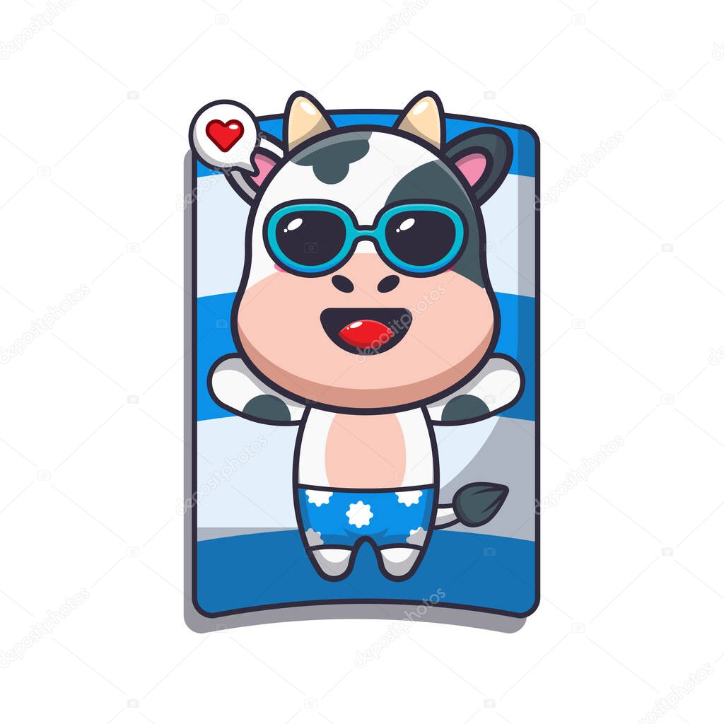 Cute Cow Sunglasses Sleep Beach Cute Summer Cartoon Illustration Vector ...