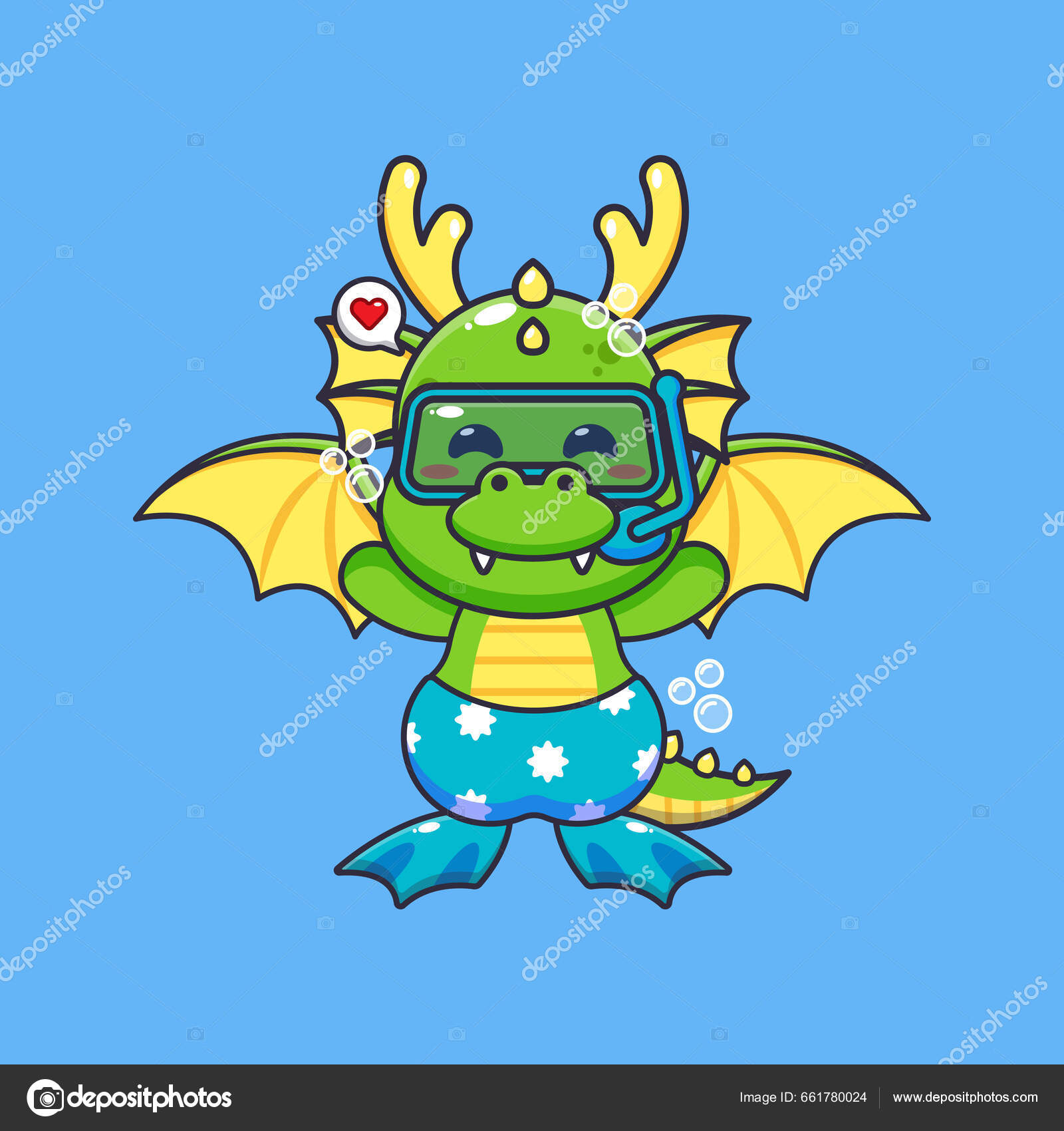 Cute Dragon Diving Cartoon Mascot Character Illustration Cute Summer ...