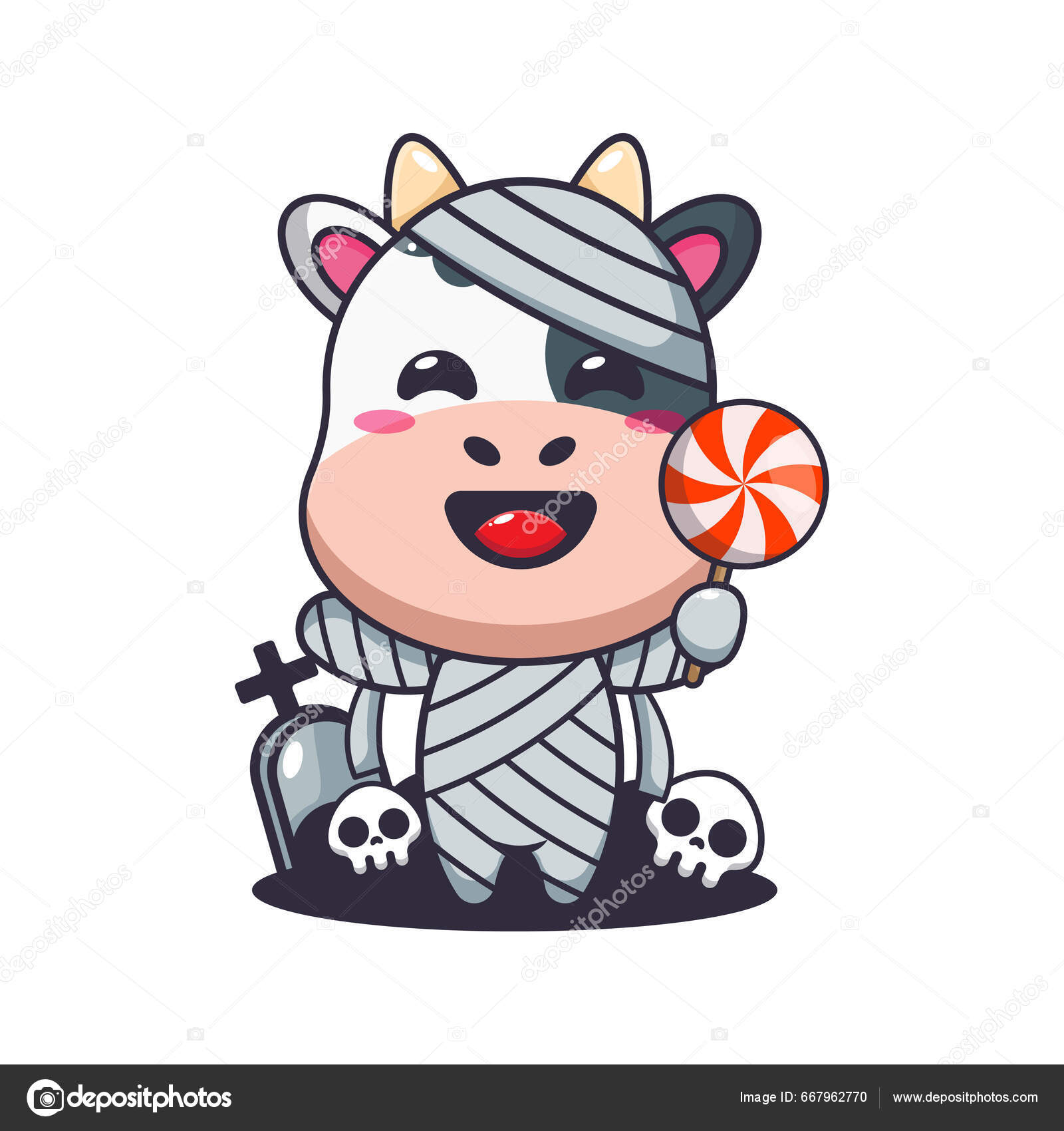 Mummy Cow Holding Halloween Candy Cute Halloween Cartoon Illustration ...
