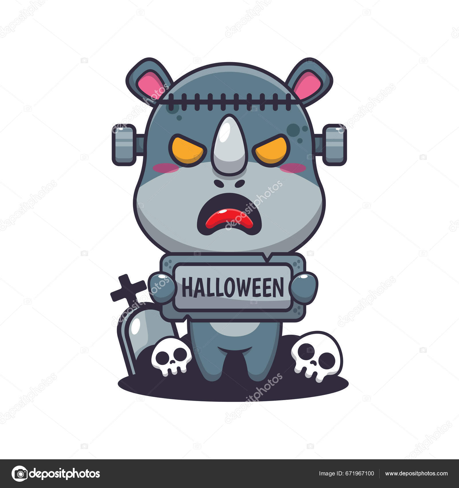 Zombie Rhino Holding Halloween Greeting Stone Cute Halloween Cartoon ...