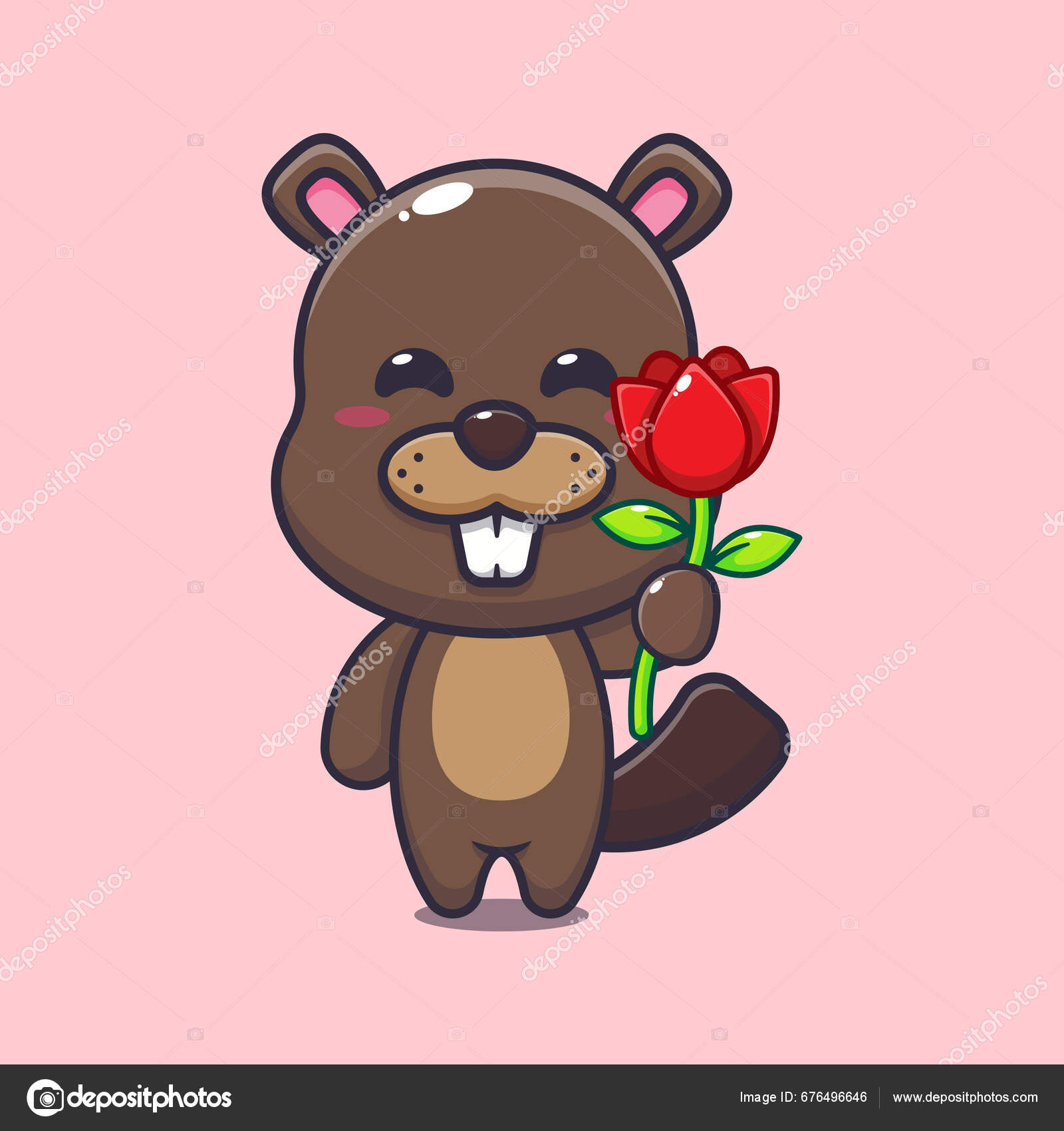 Castor Sosteniendo Flor Rosa Ilustración Vector Dibujos Animados Vector ...