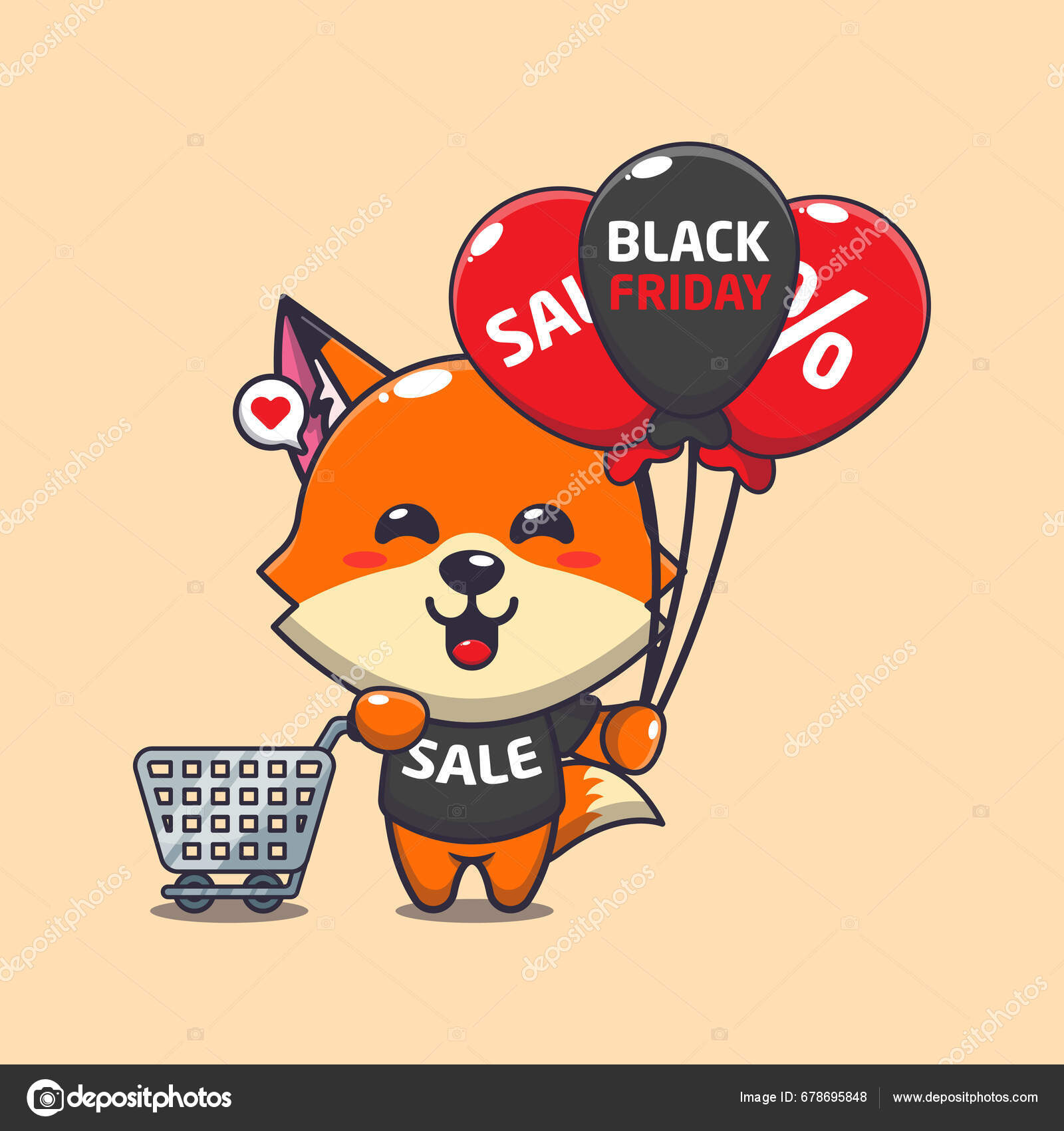 Cute Fox Shopping Cart Balloon Black Friday Sale Cartoon Vector Stock ...