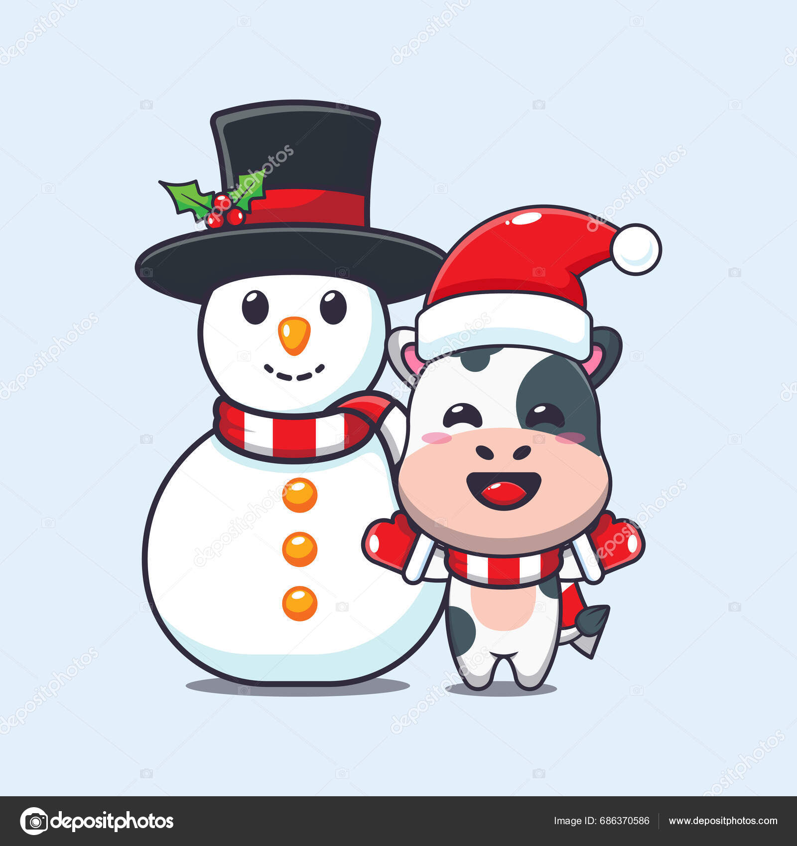 Cute Cow Playing Snowman Cute Christmas Cartoon Character Illustration ...