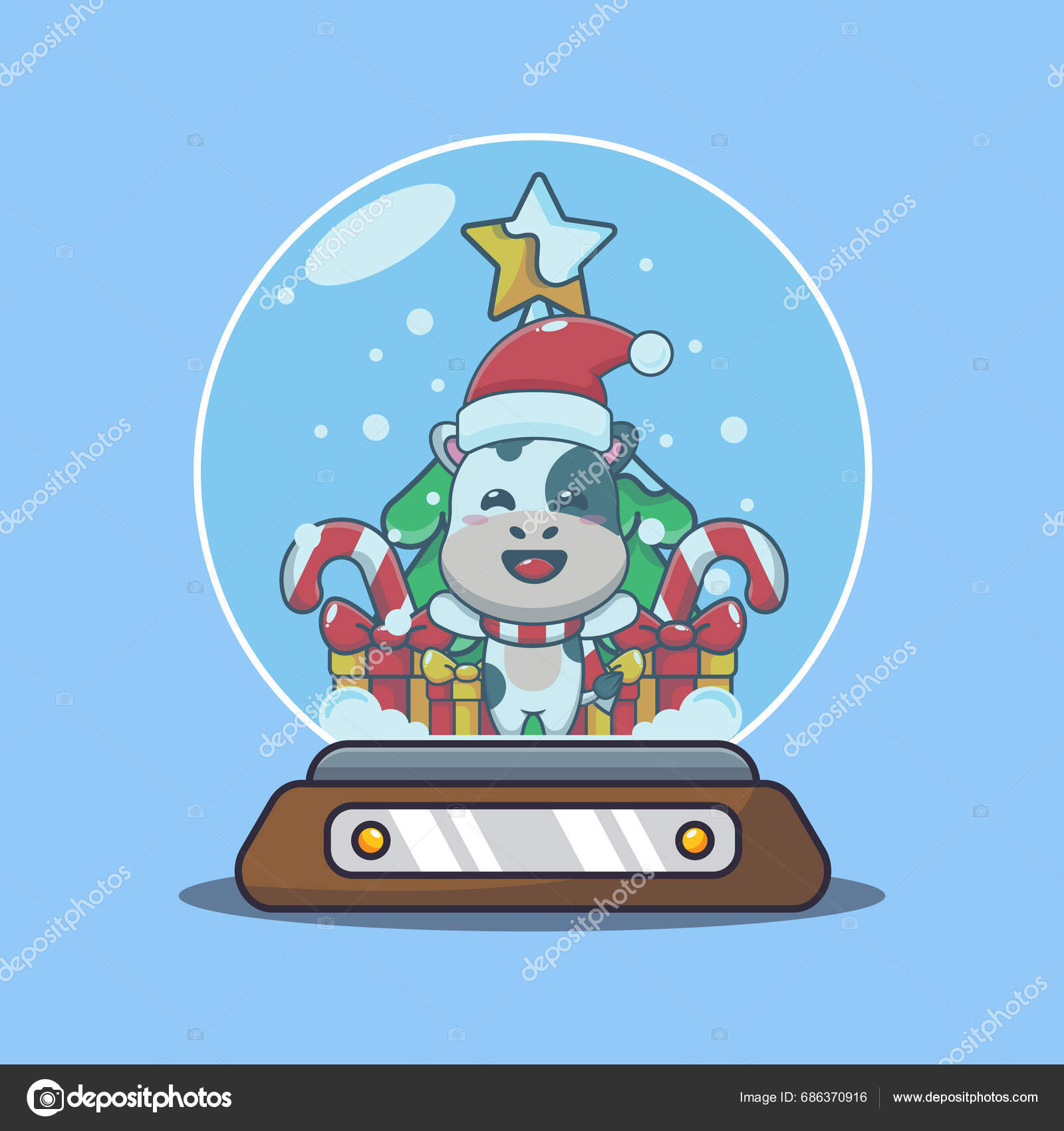 Cute Cow Snow Globe Cute Christmas Cartoon Character Illustration Stock ...