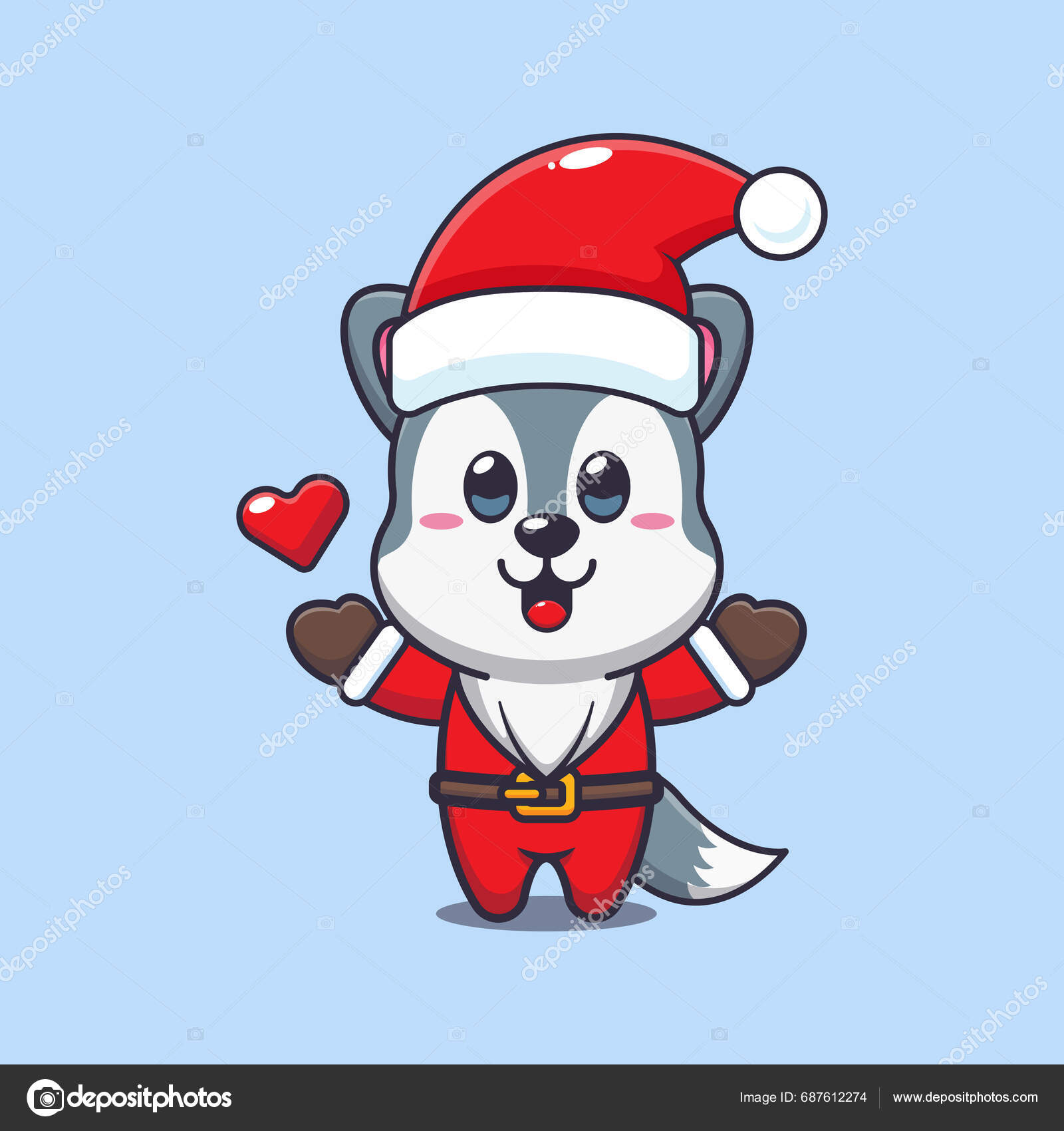 Cute Wolf Wearing Santa Costume Cute Christmas Cartoon Character ...