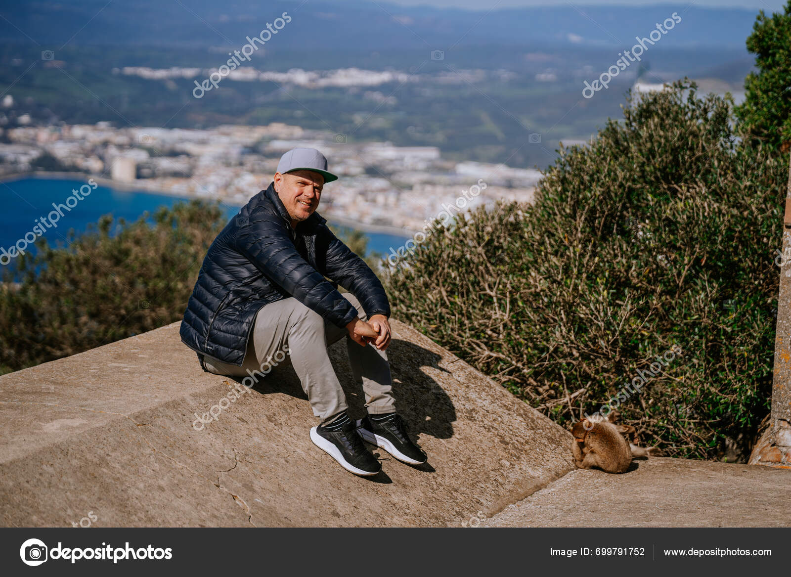 Gibraltar Britain January 2024 Man Jacket Sits Stone Surface Monkey ...