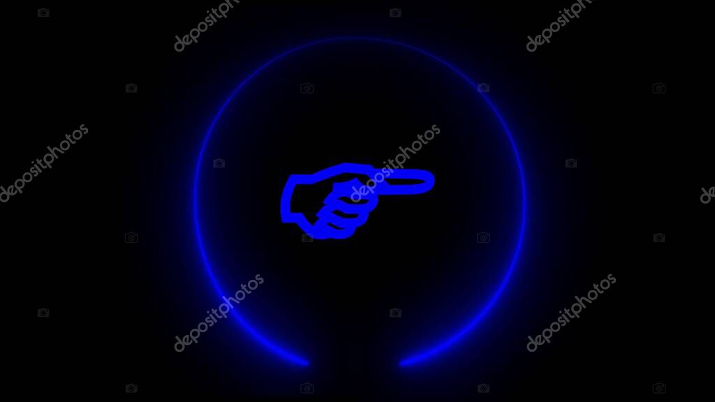 A neon sign Symbol hand point right glowing with blue light and black ...