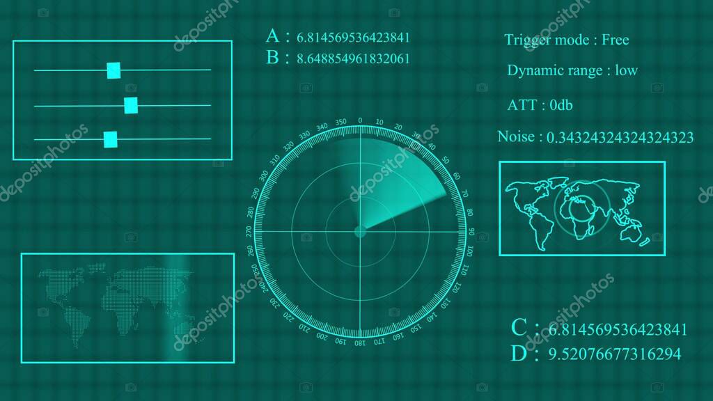 Digital technology world map, different information showing radar ...