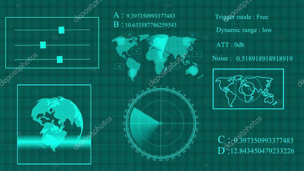 Digital technology world map, different information showing radar ...