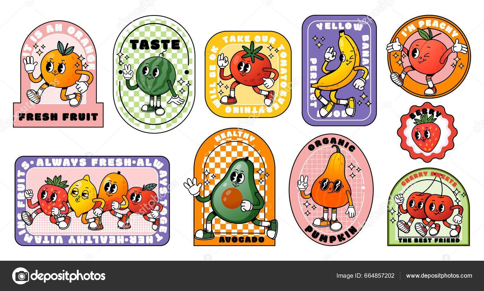 Buah Kartun Dan Stiker Sayuran Komik Karakter Buah Retro Sayuran Vektor ...