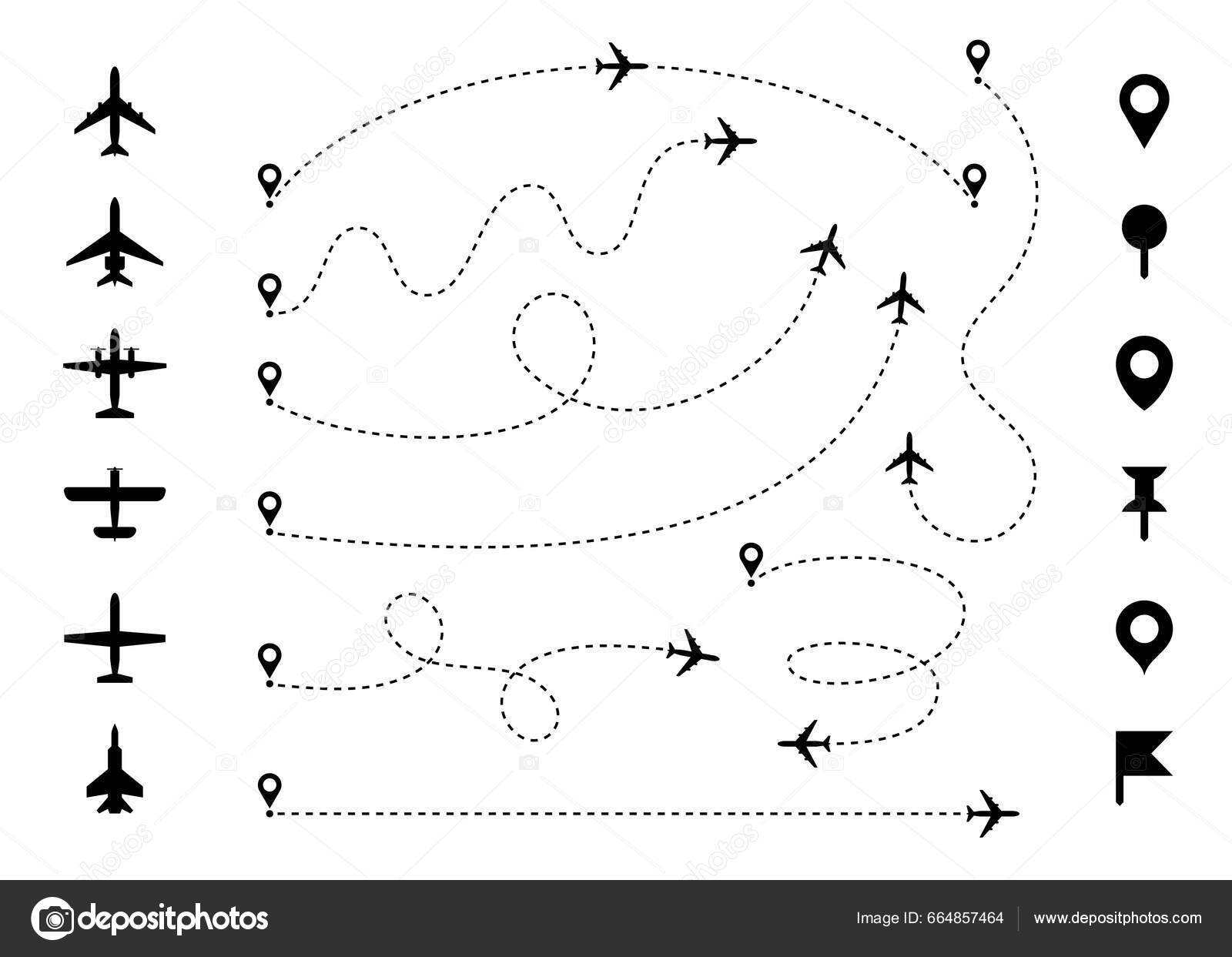 Jalur Rute Pesawat Pesawat Dengan Pelacakan Kabur Dan Pin Peta Vektor ...