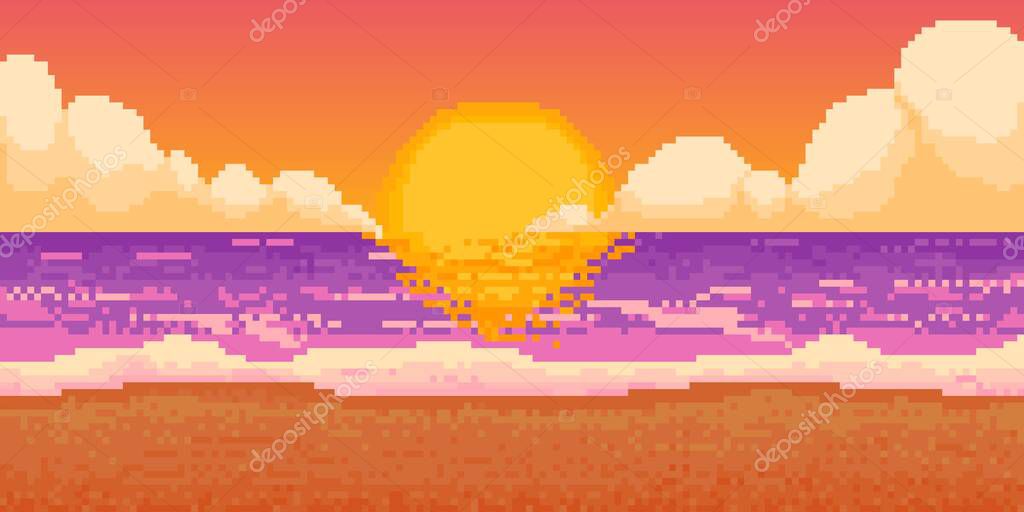 Pixel sunset beach. Juego retro paisaje marino. 8-bit fondo amanecer ...