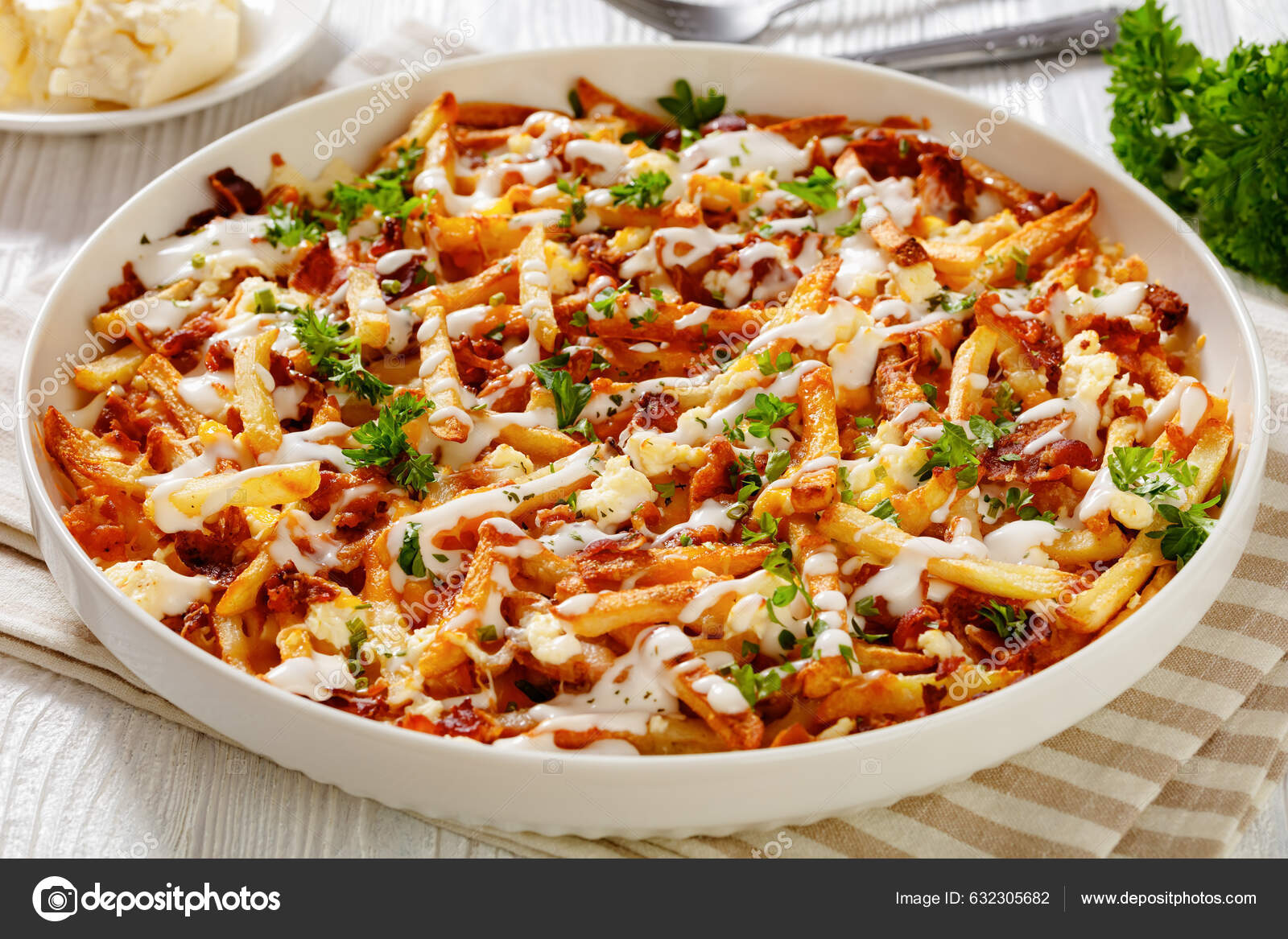 Bacon Mozzarella Feta Cheddar Cheese Fries Ranch Dressing Parsley White ...