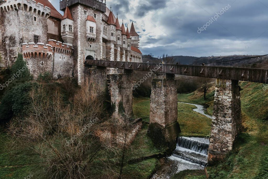 Gothic Corvin castle with bridge in Hunedoara, Romania. Castelul ...