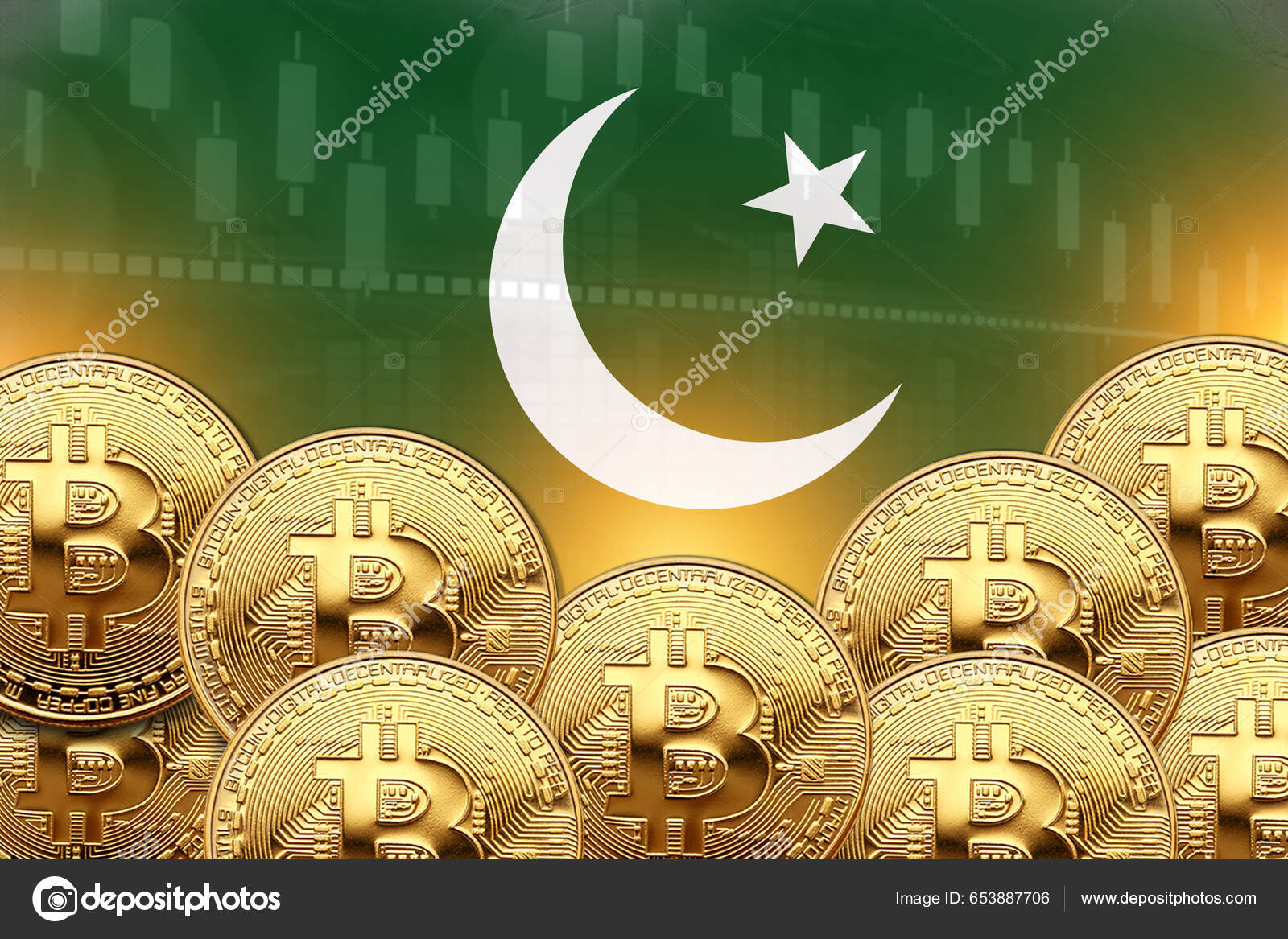 Lot Bitcoins Front Pakistan Flag Wall Illustration Poster Design ...
