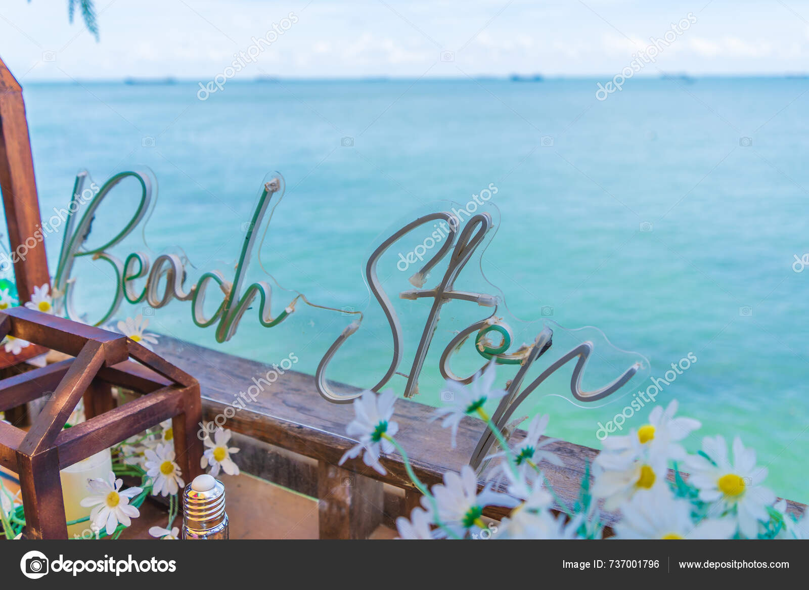 Handmade Beach Stop Sign Made Neon Lights Blue Sea Background — Stock ...