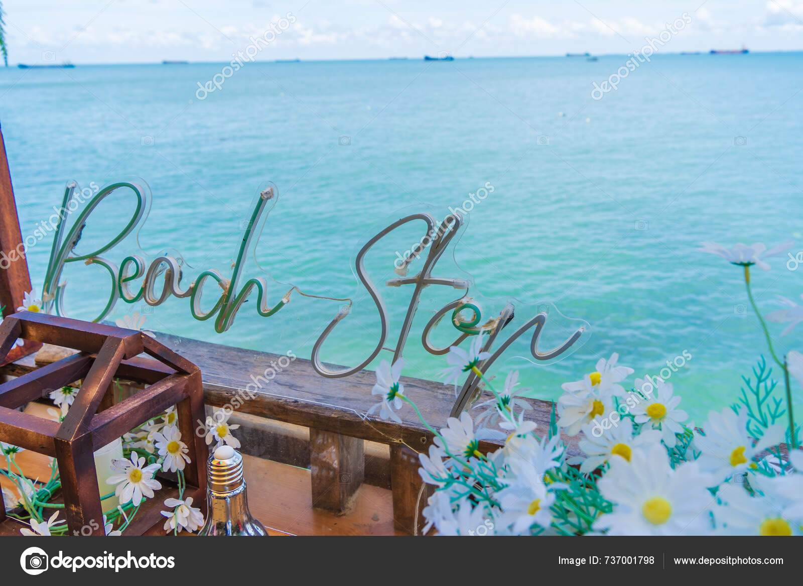 Handmade Beach Stop Sign Made Neon Lights Blue Sea Background — Stock ...