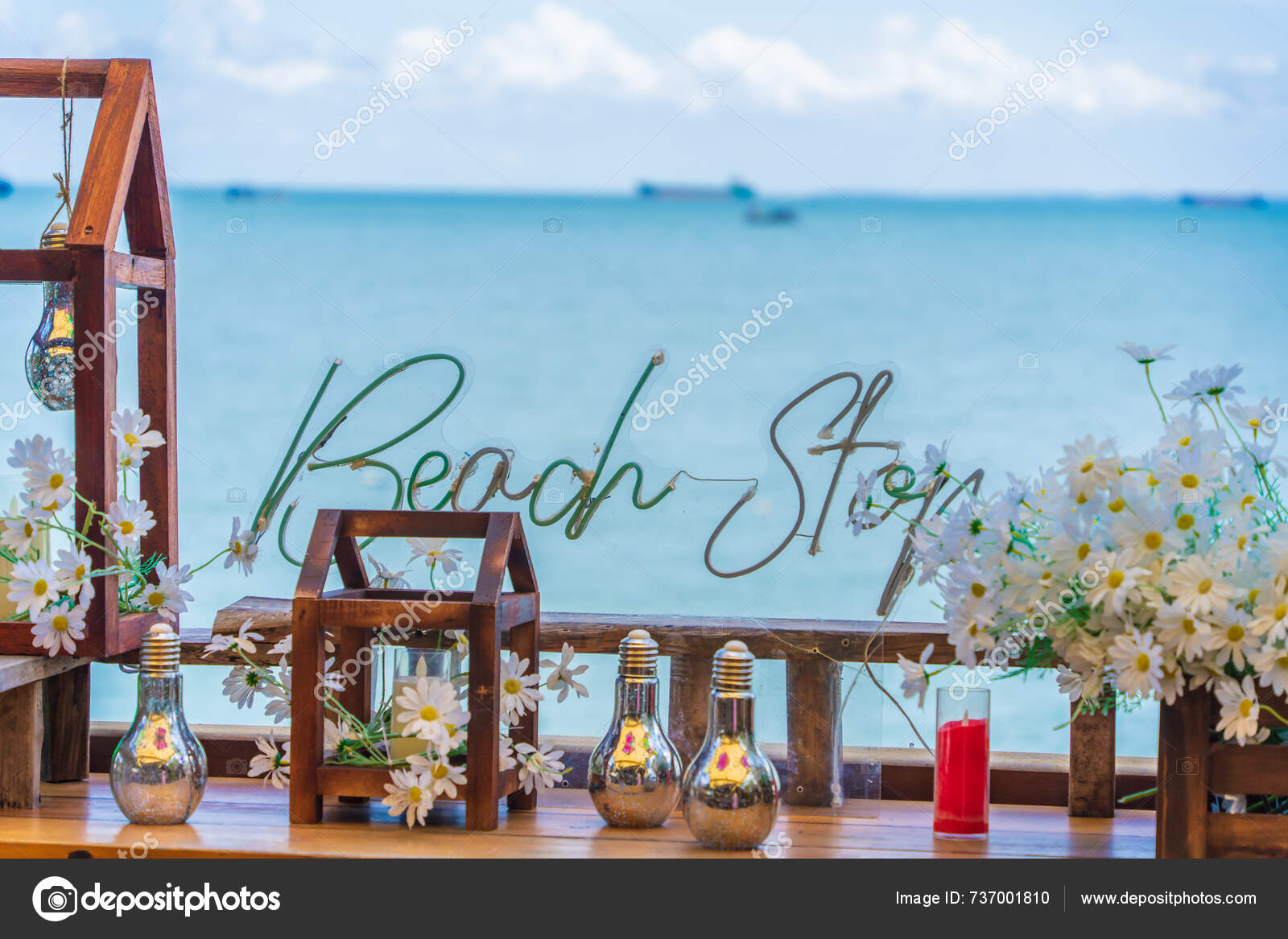 Handmade Beach Stop Sign Made Neon Lights Blue Sea Background — Stock ...