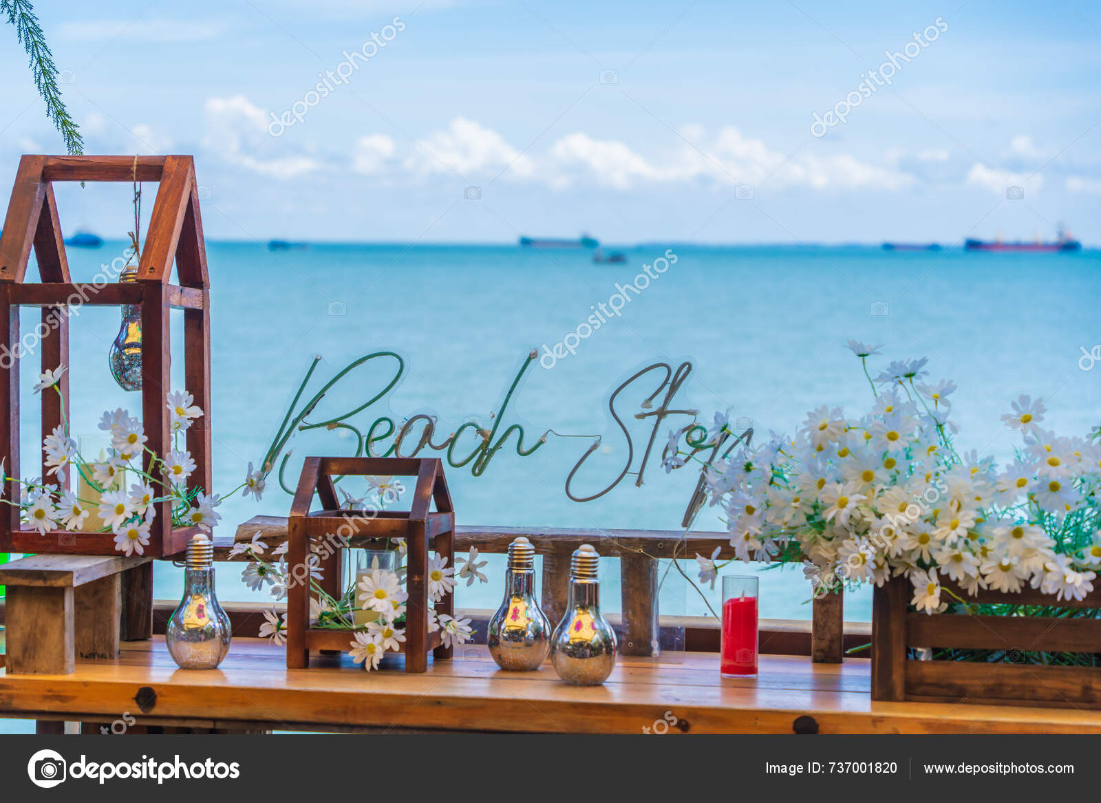 Handmade Beach Stop Sign Made Neon Lights Blue Sea Background — Stock ...