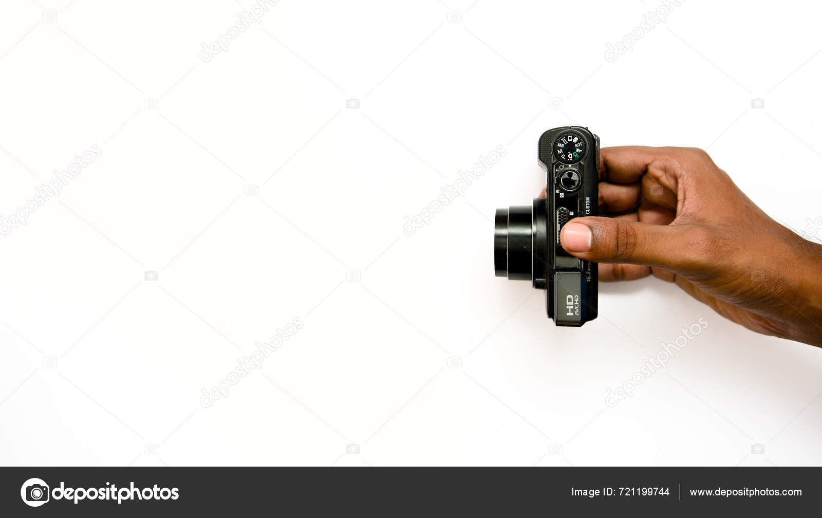 Stock Photo Depicts Hand Gripping Sleek Digital Camera Set Crisp ...