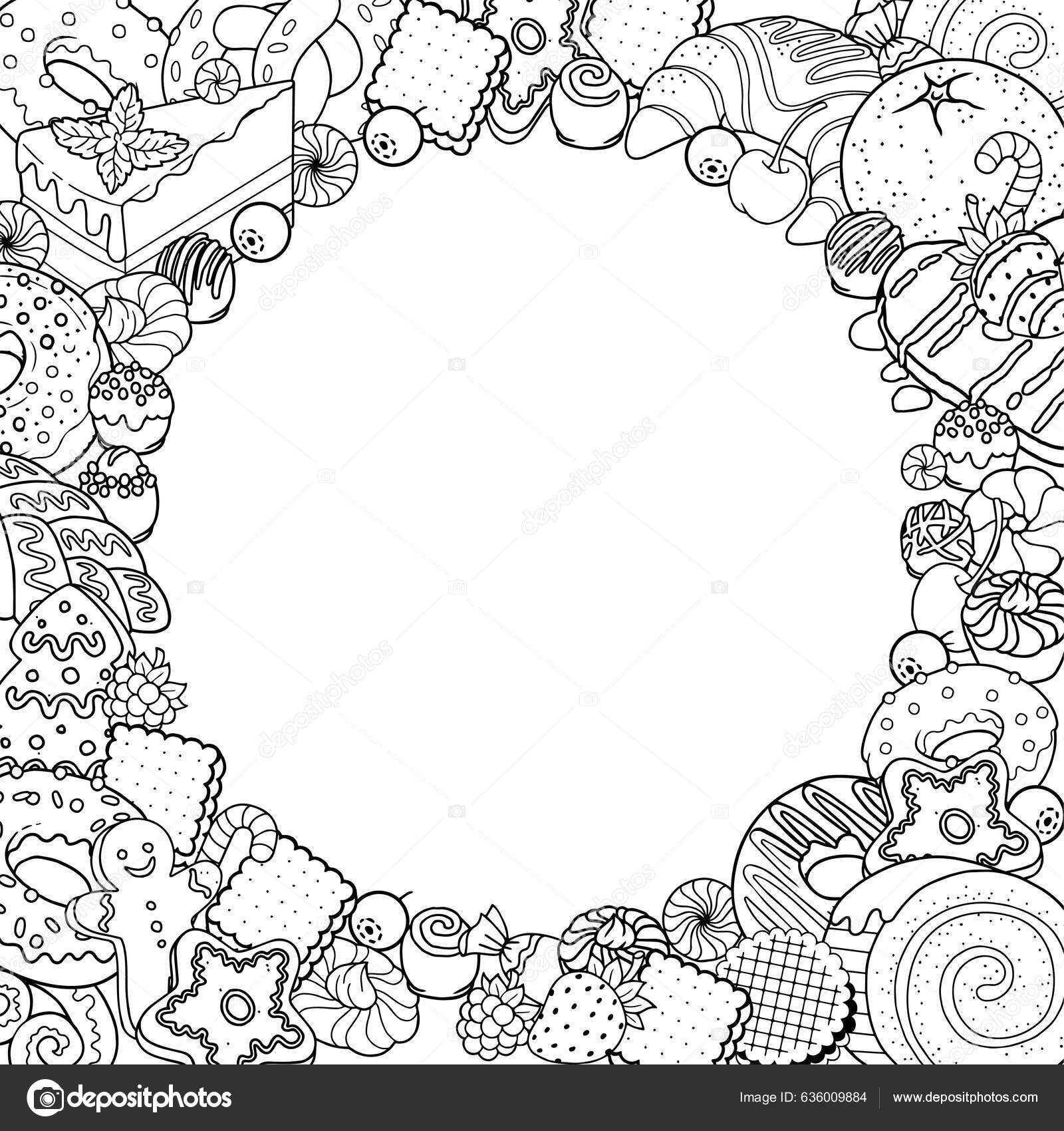 Vector Coloring Book Page Adults Sweet Food Candies Pastries Desserts ...