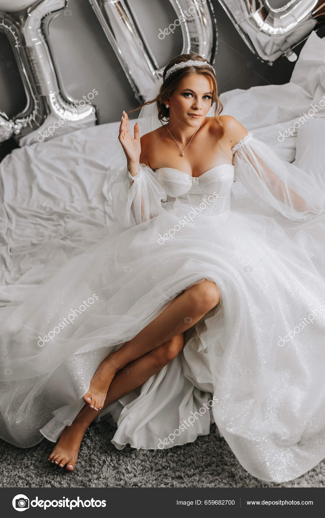 Beautiful Curly Brown Haired Bride White Dress Poses Photographer While — Stock Photo ...