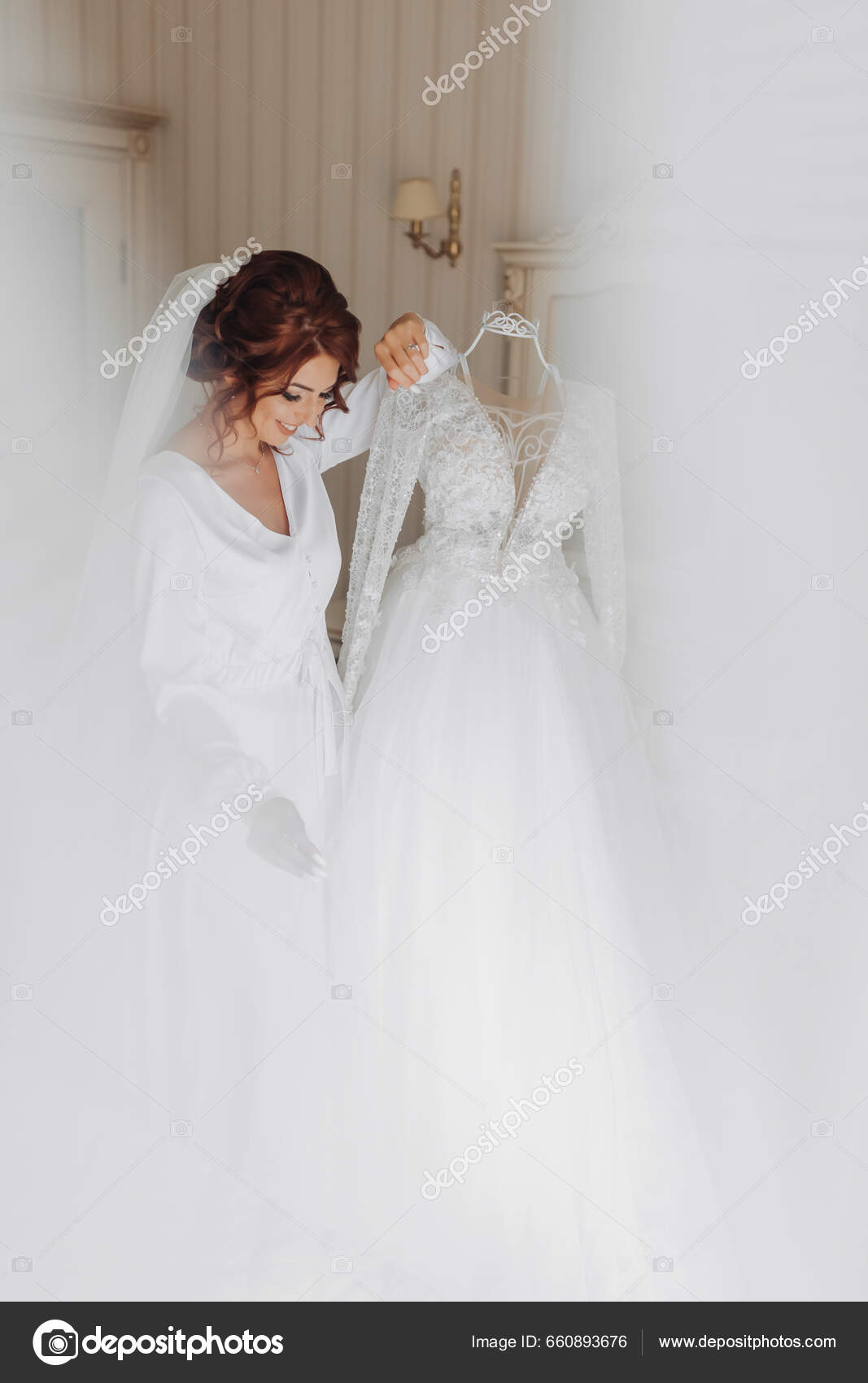 Beautiful Young Bride White Petticoat Standing Her Wedding Dress Final — Stock Photo © Vasilij33 ...